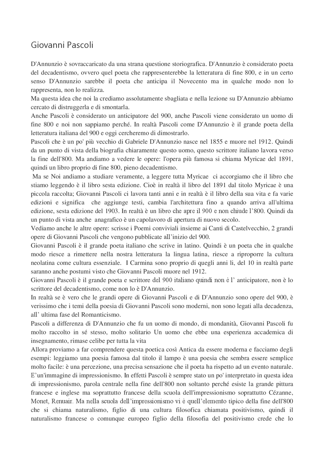 Appunti Su Giovanni Pascoli Docsity