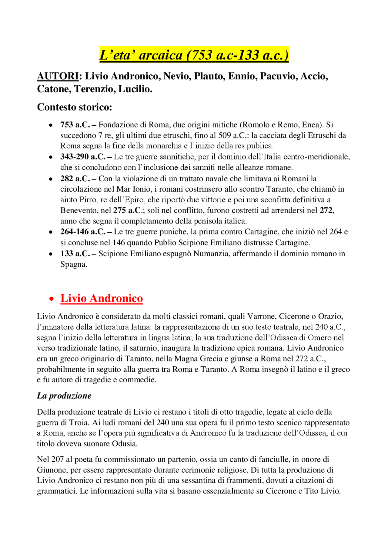 L'ETA' ARCAICA LETTERATURA LATINA - Docsity