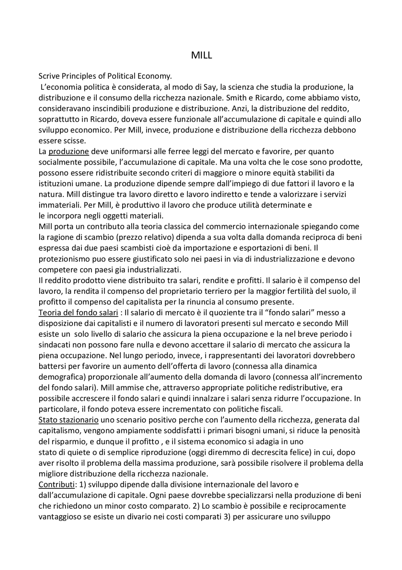 Jhon Stuart Mill- Storia del Pensiero Economico - Docsity