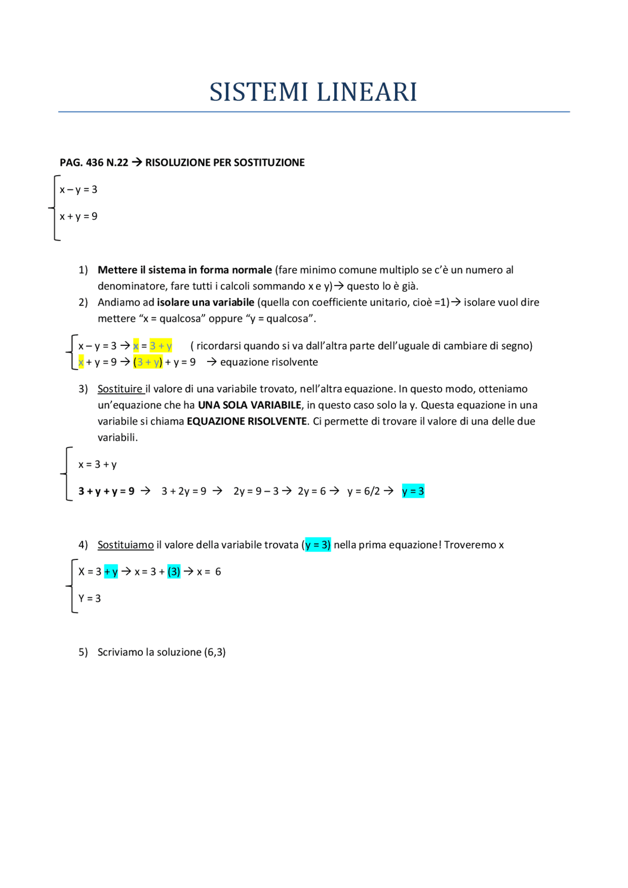 I Sistemi Lineari Risoluzione Per Sostituzione E Con Metodo Di Cramer