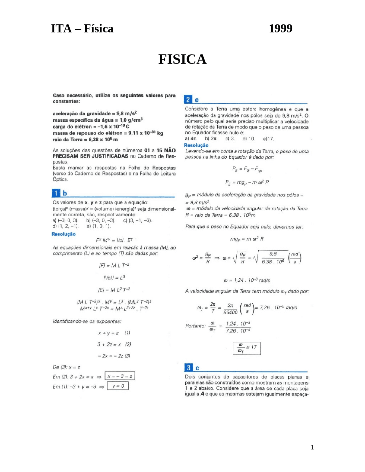Prova Resolvida Ita 1999 Física Docsity
