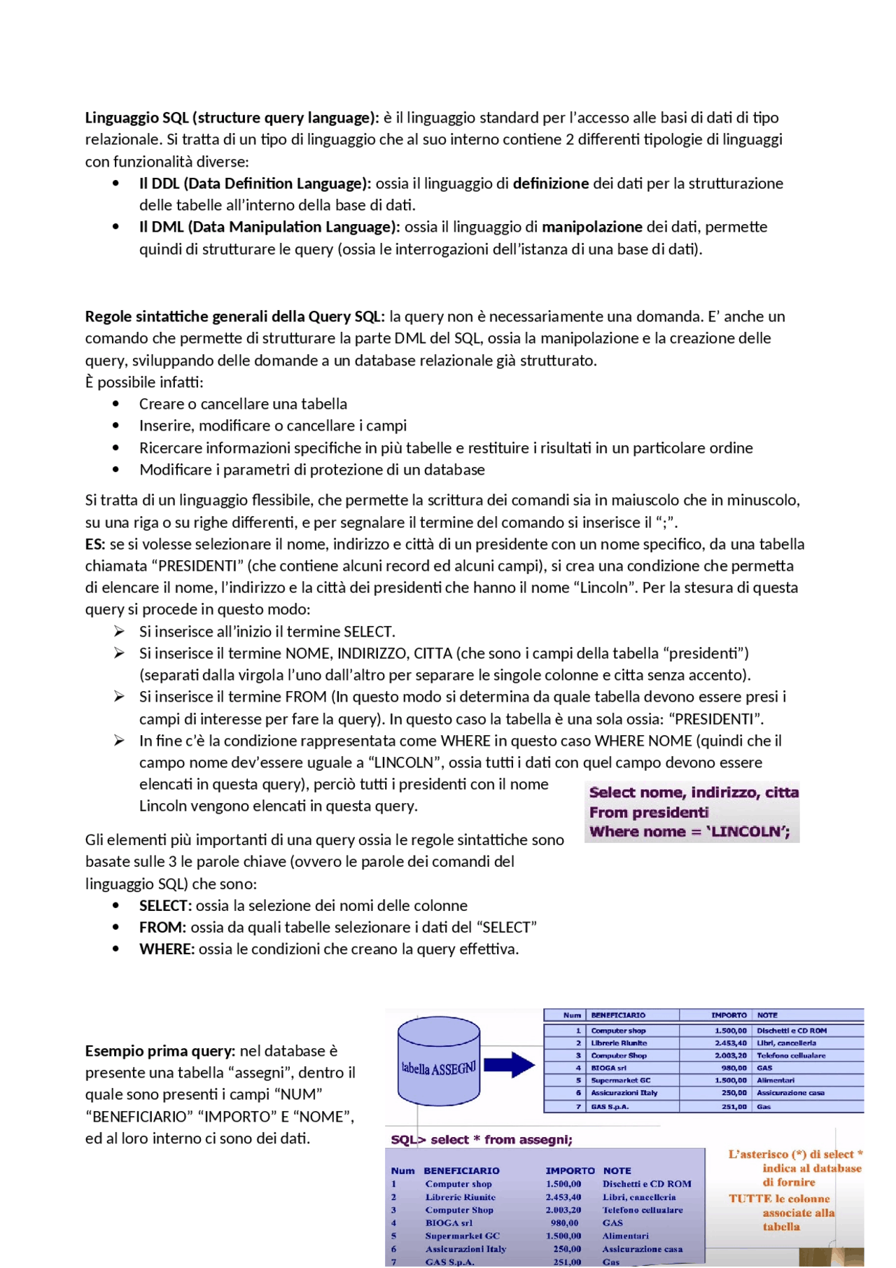 Linguaggio SQL (structure query language): è - Docsity