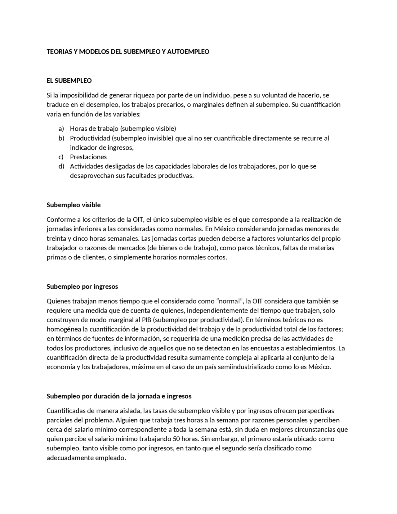 TEORIAS Y MODELOS DEL SUBEMPLEO Y AUTOEMPLEO - Docsity