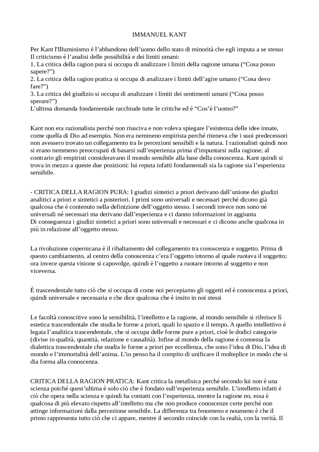 Il Pensiero Filosofico Di Kant Docsity