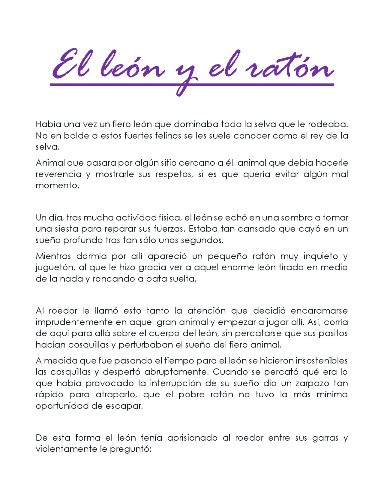 Fábula EL león y el ratón - Docsity