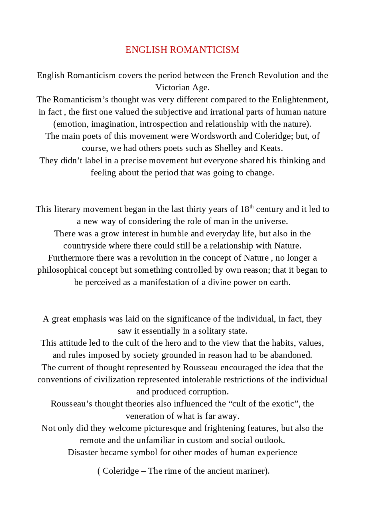 English Romanticism (English Literature) - Docsity