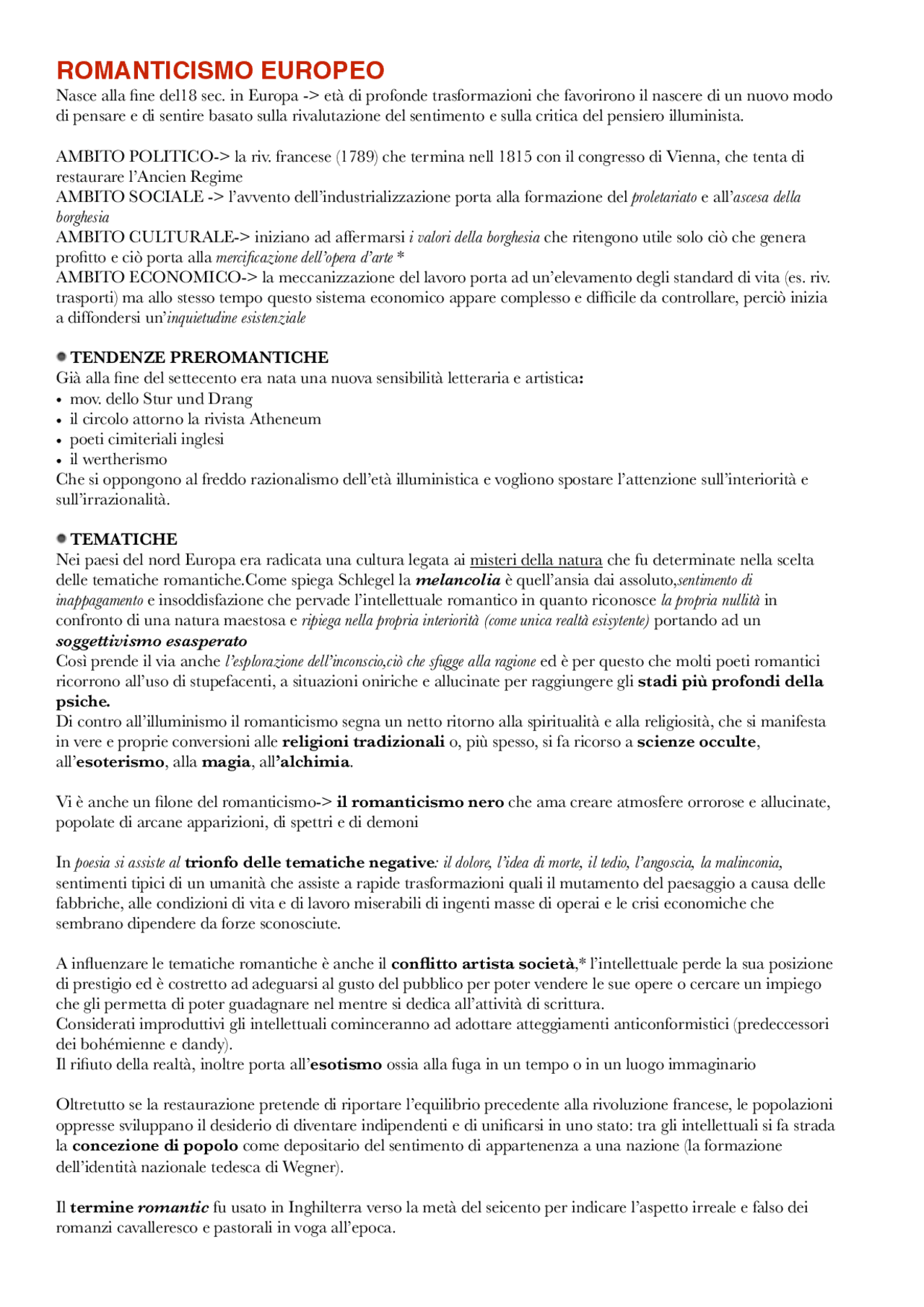 Il romanticismo europeo e italiano - Docsity