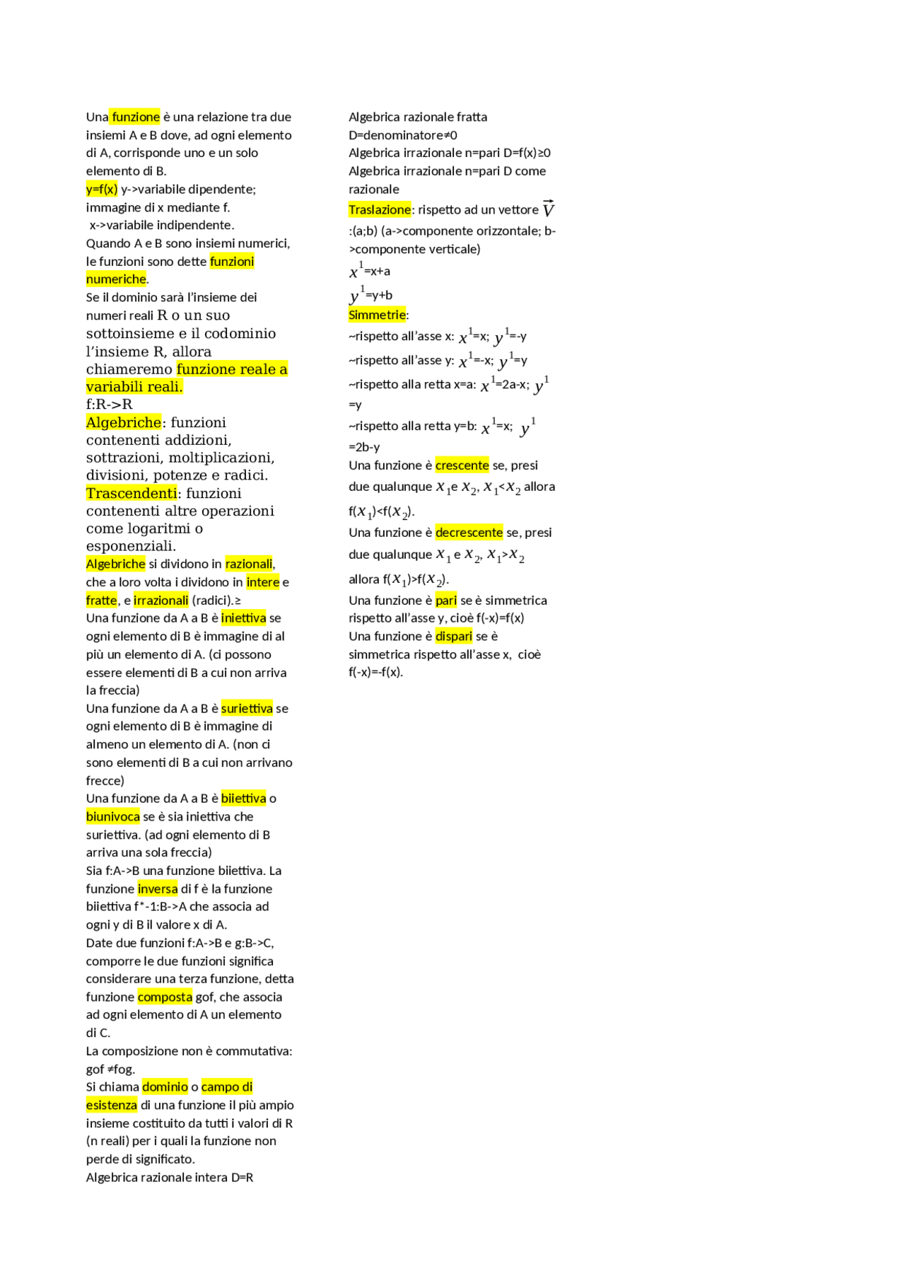 Le Funzioni Matematiche Appunti Di Matematica Docsity