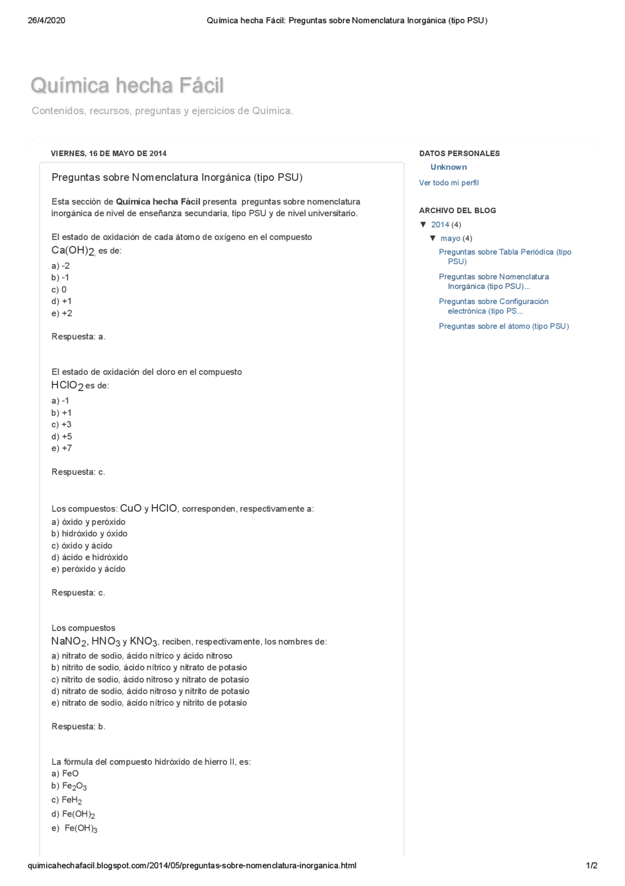 NOMENCLATURA QUIMICA EJERCICIOS - Docsity