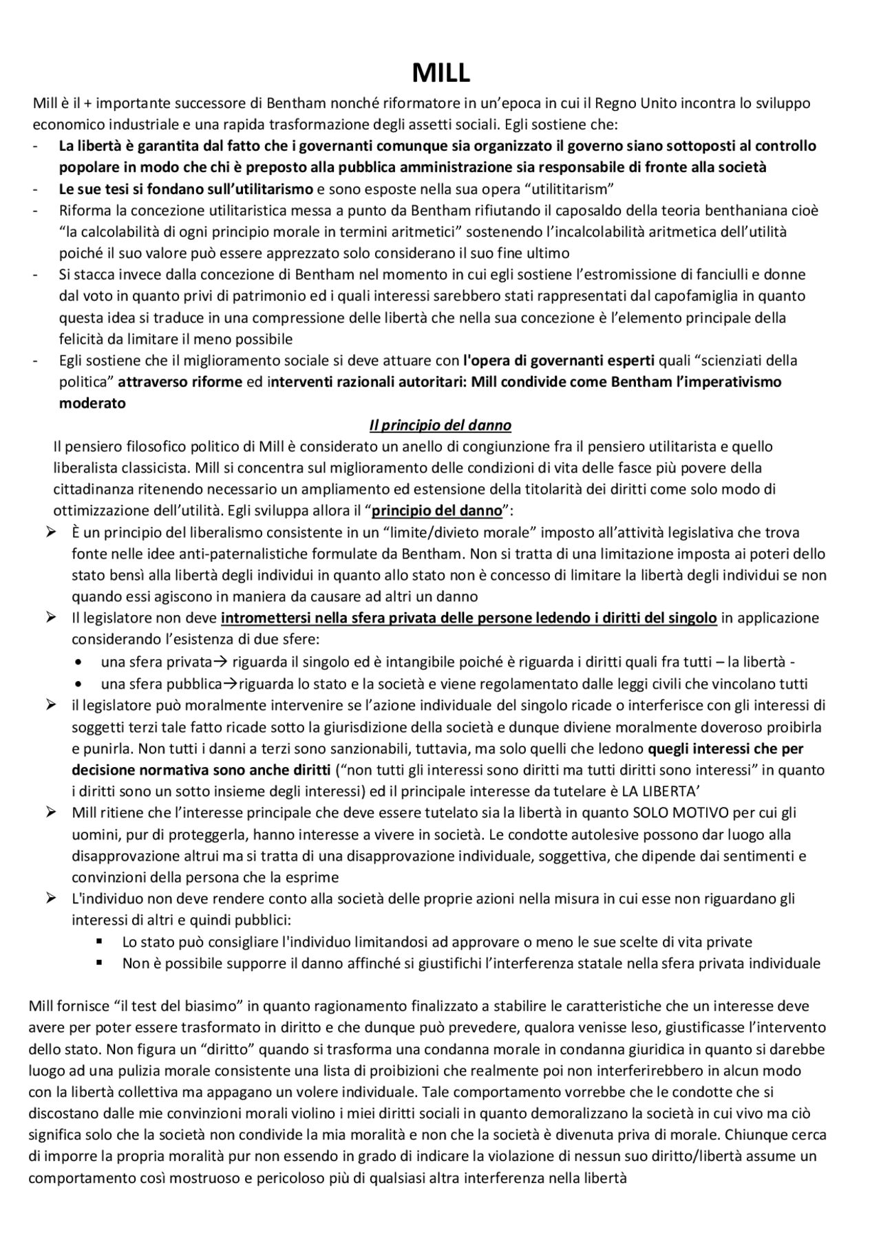 Analisi pensiero Jhon Stuart Mill filosofia del diritto - Docsity