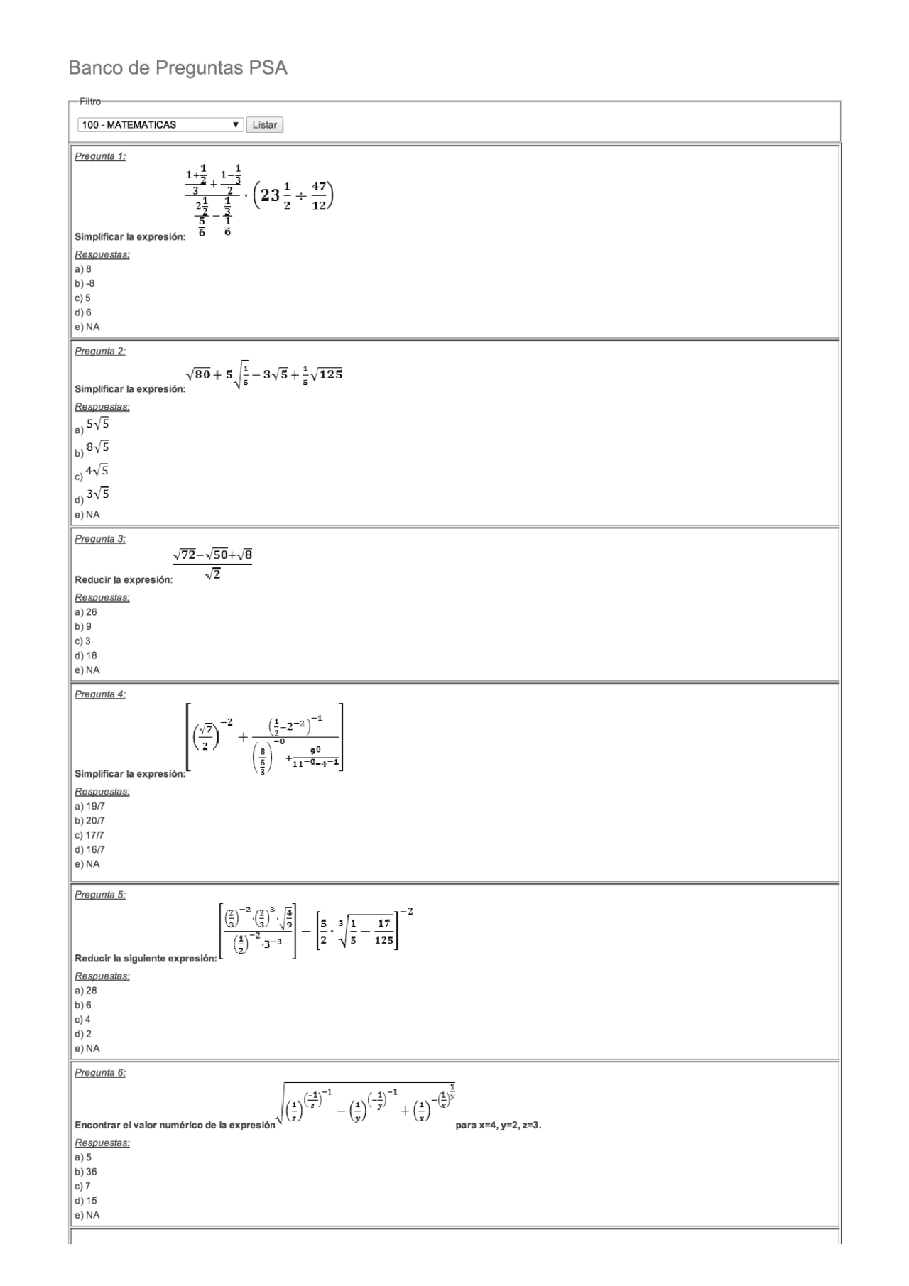 Matematica ejercicios de practica - Docsity