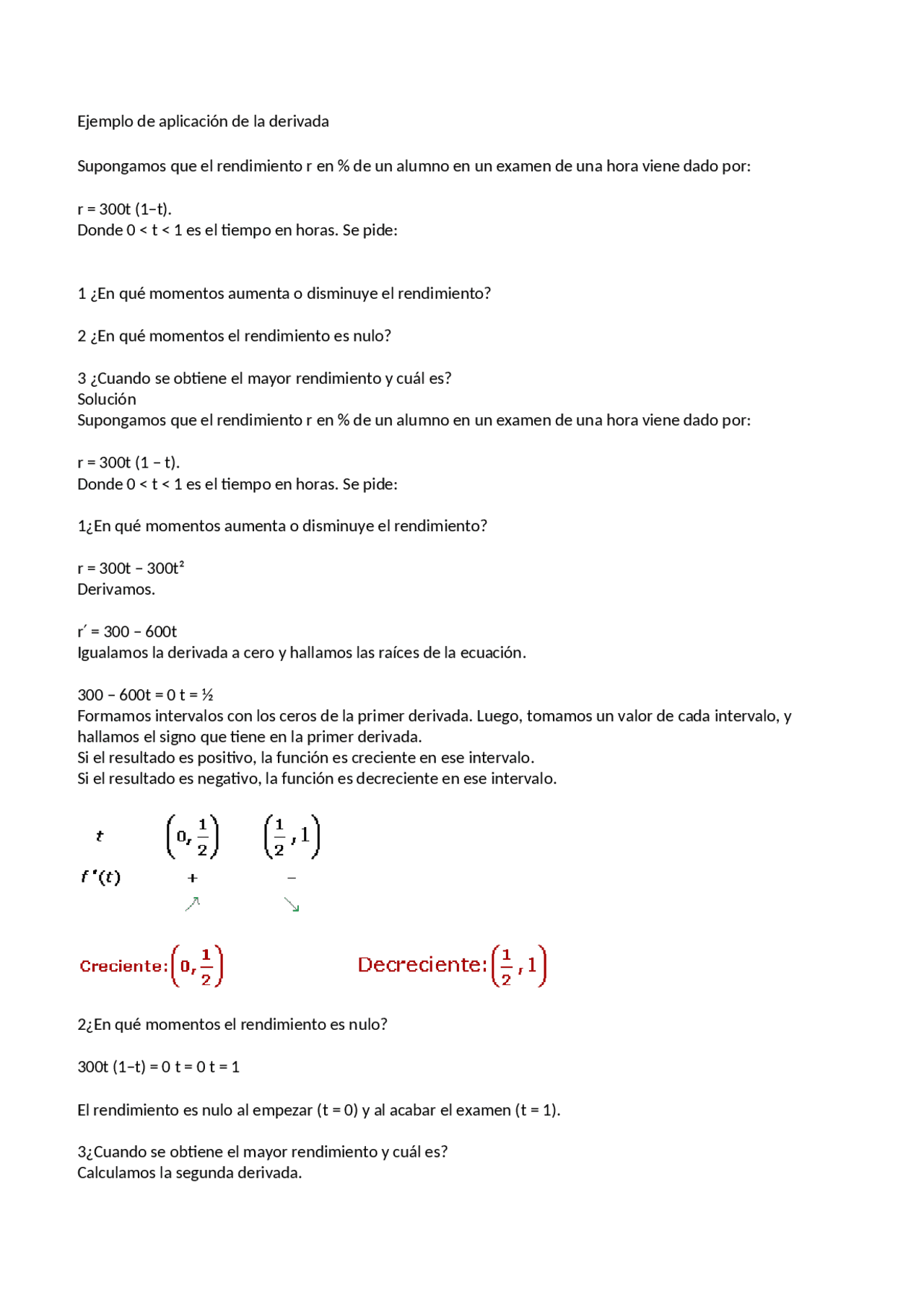 Ejemplo de aplicación de la derivada | Apuntes de Matemáticas | Docsity