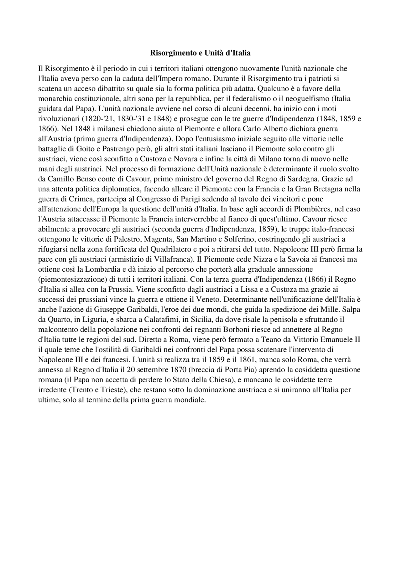 Il Risorgimento E Lunità Ditalia Docsity