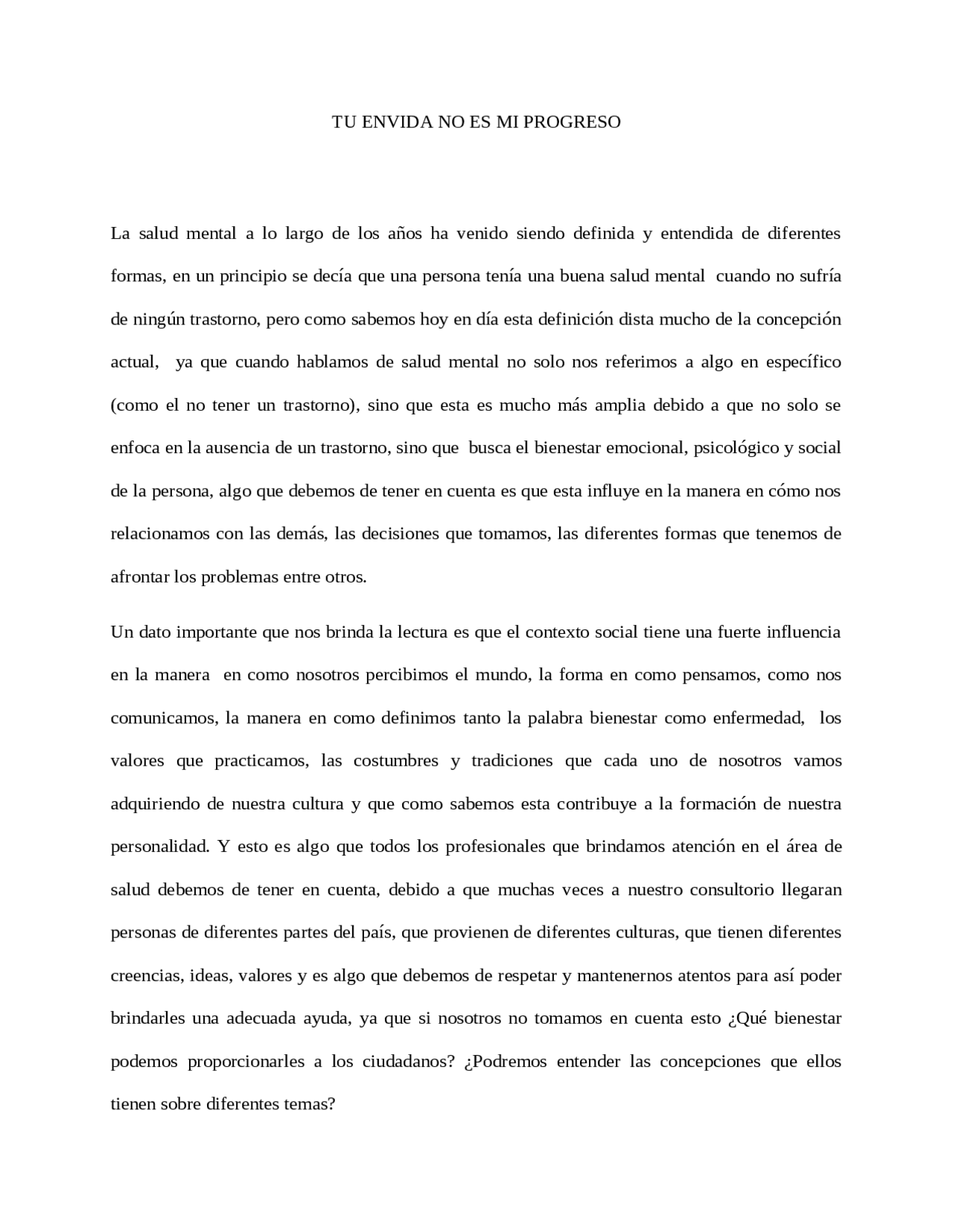 Ensayo de tu envidia no es mi progreso - Docsity