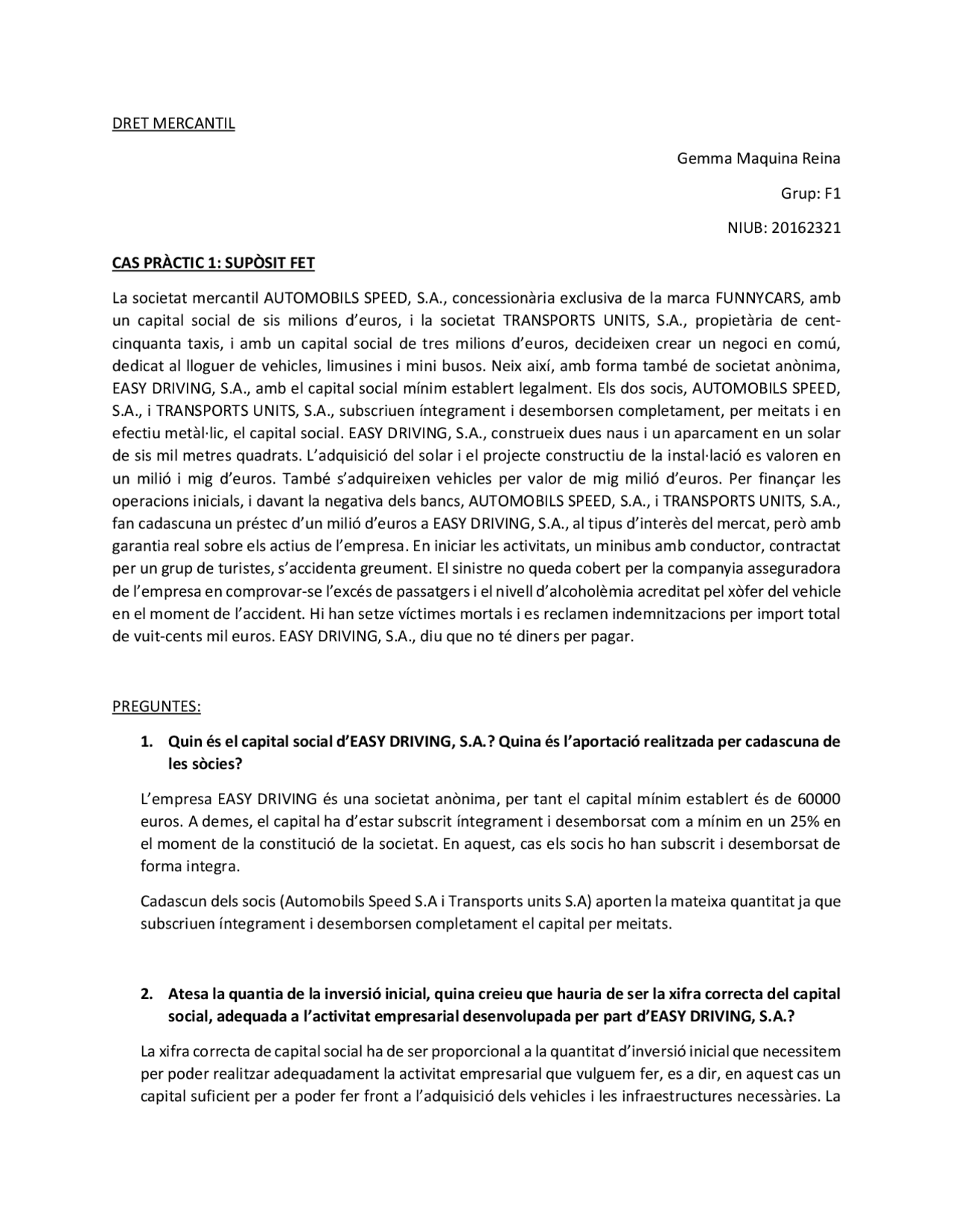 Cas practic 1 dret mercantil - Docsity