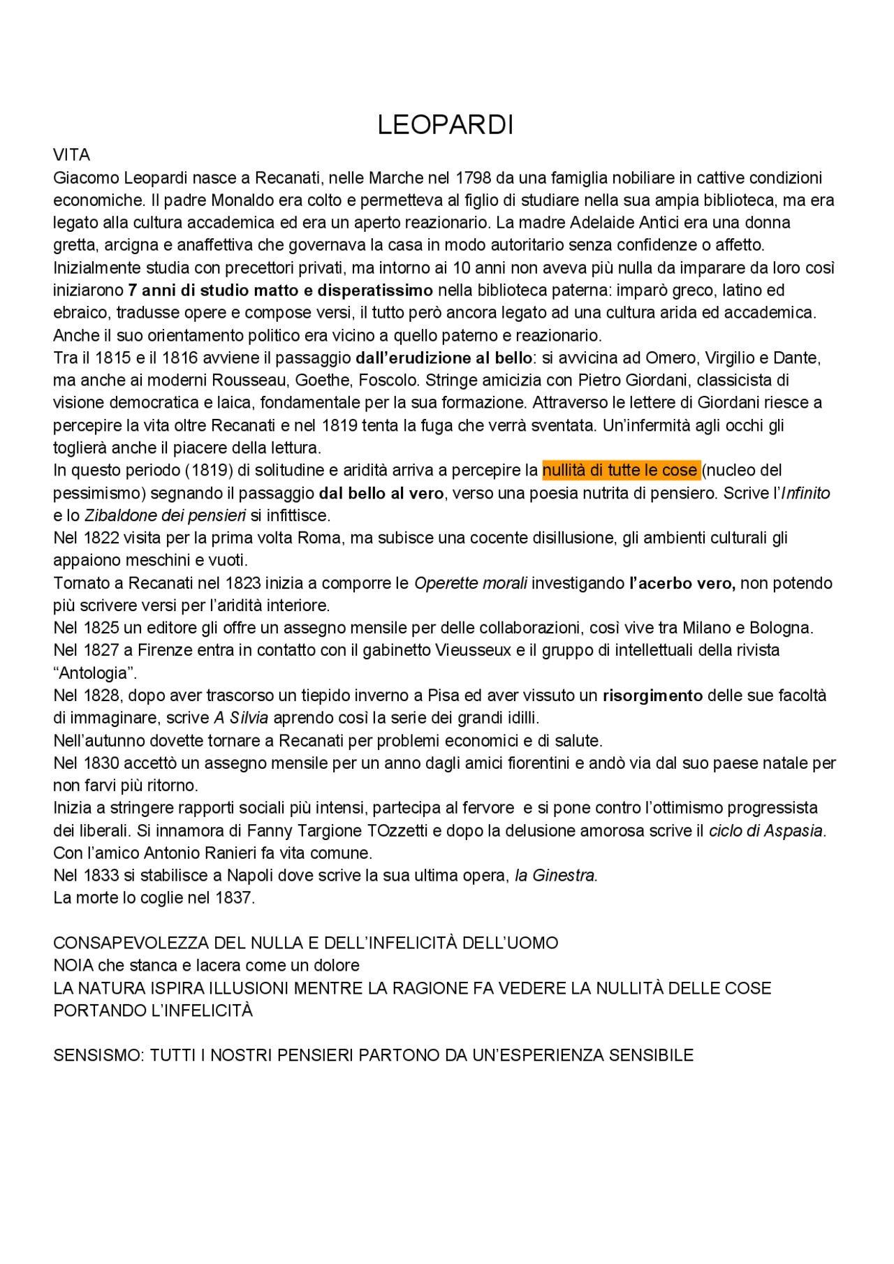 Leopardi Vita E Opere Docsity