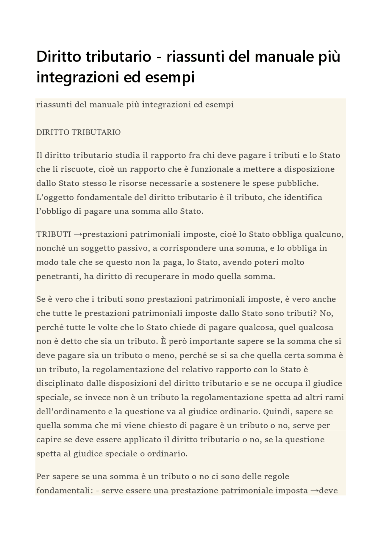 Riassunti Diritto Tributario Con Integrazioni Di Esempi Docsity