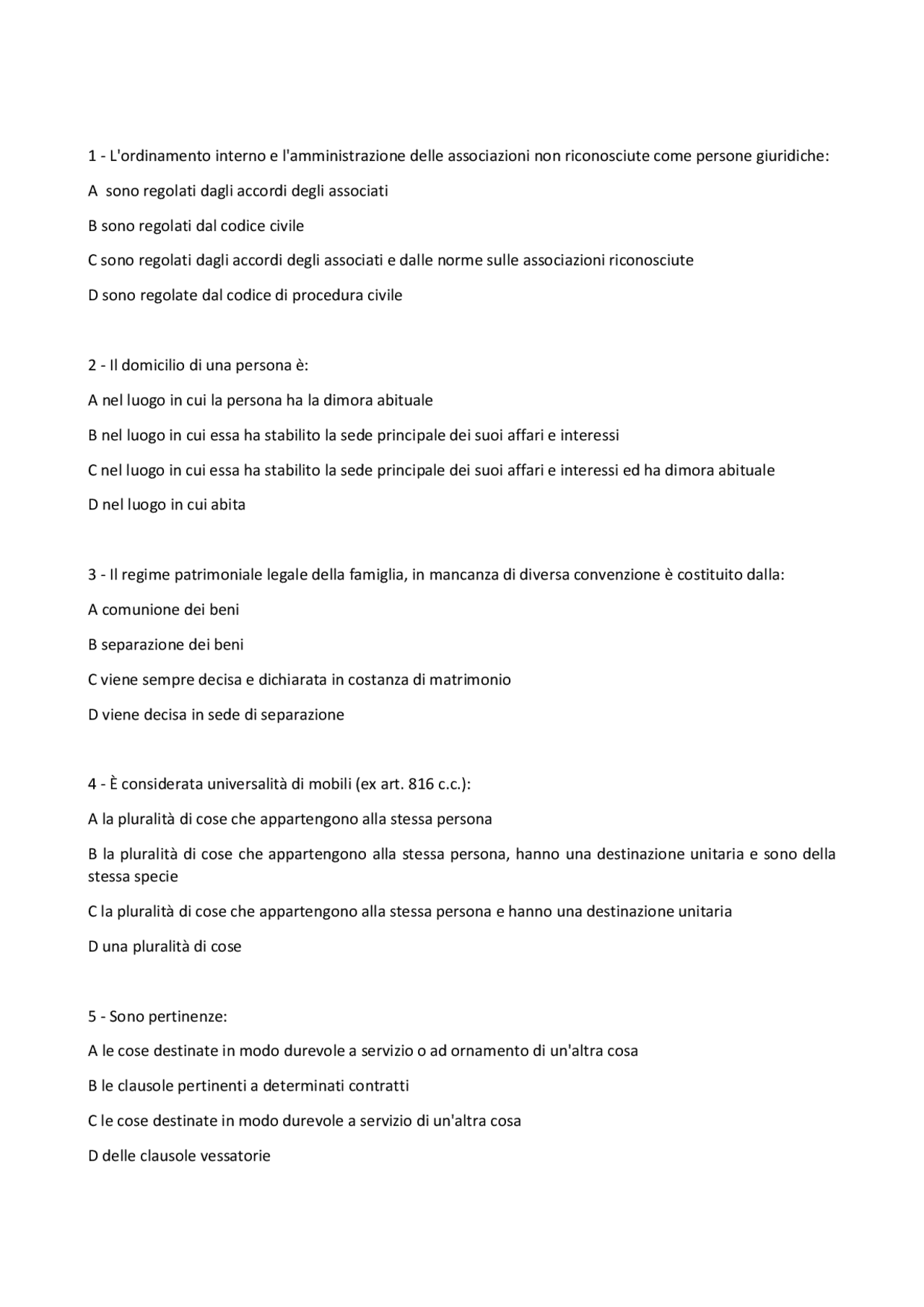 Paniere diritto privato risposte multiple - Docsity