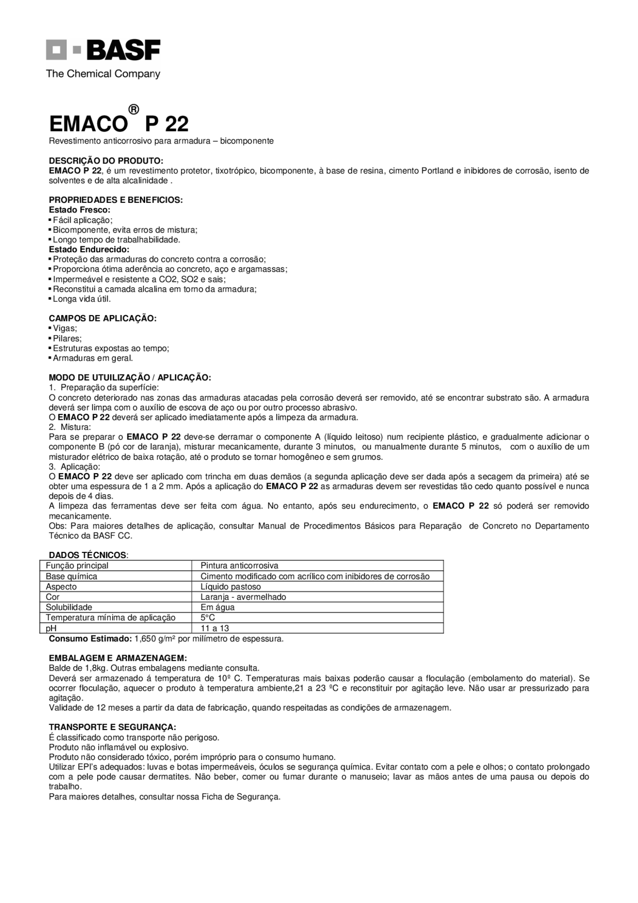 EMACO P22 Revestimento anticorrosivo para armadura – bicomponente - Docsity