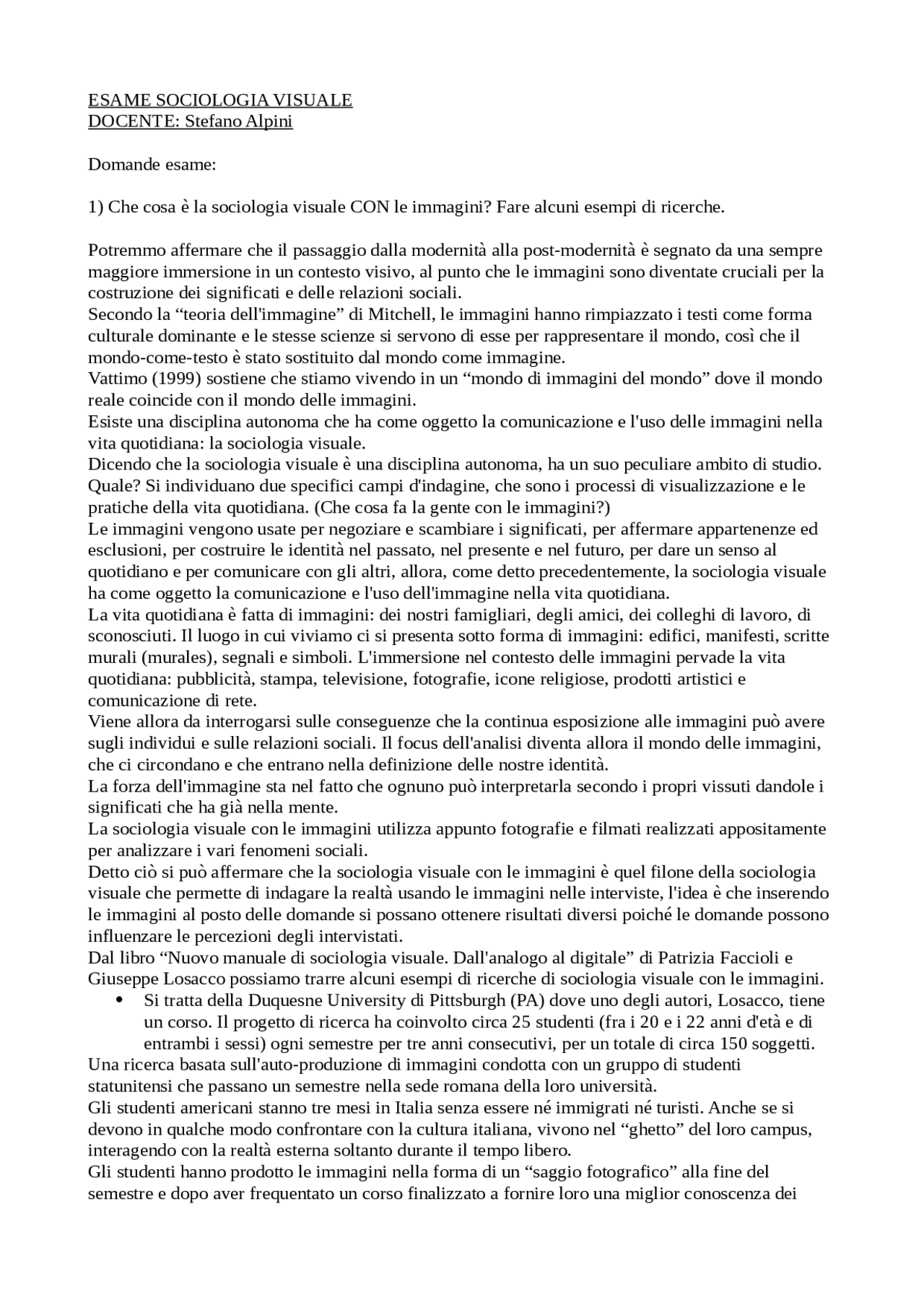 Esame Sociologia Visuale Prove Desame Di Sociologia Visuale Docsity