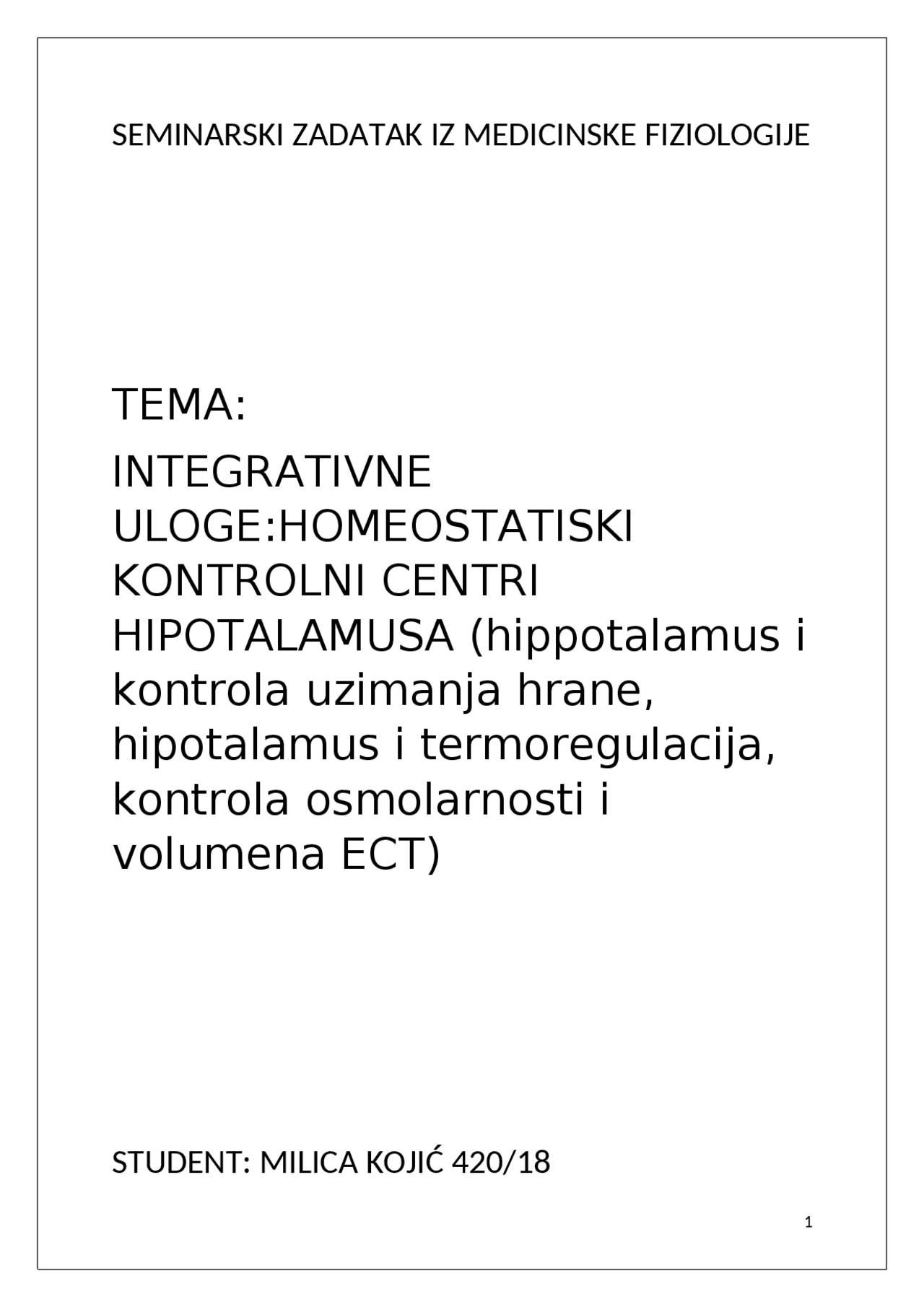 Kontrolni Centri Hipotalamusa Esej Predlog Fiziologija Docsity