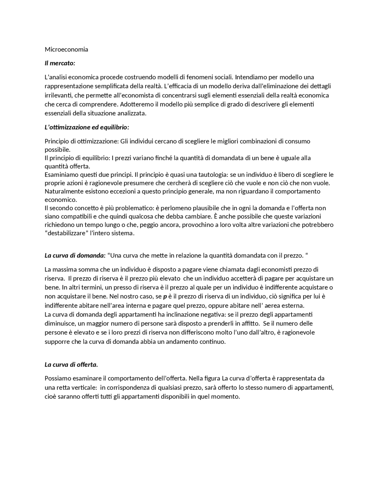 Schema Micro -mercato|ottimizzazione ed equilibrio|curva di domanda/offerta|equilibrio mercato ...