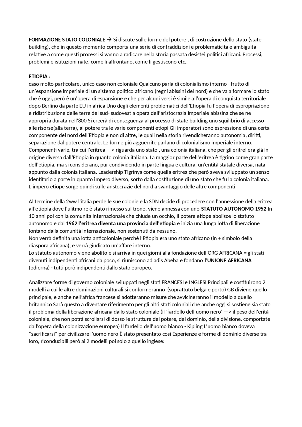 Formazione dello Stato coloniale territorio africano - Docsity