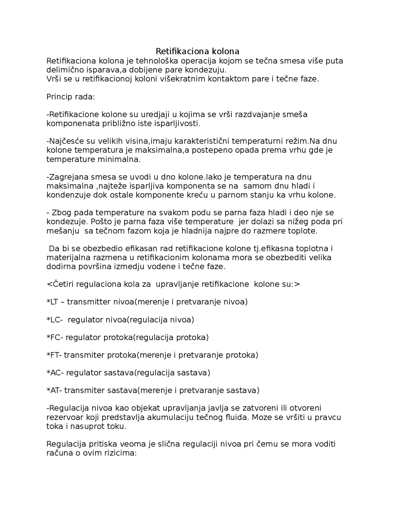 Retifikaciona kolona: princip rada | Skripte' predlog Hemija - Docsity