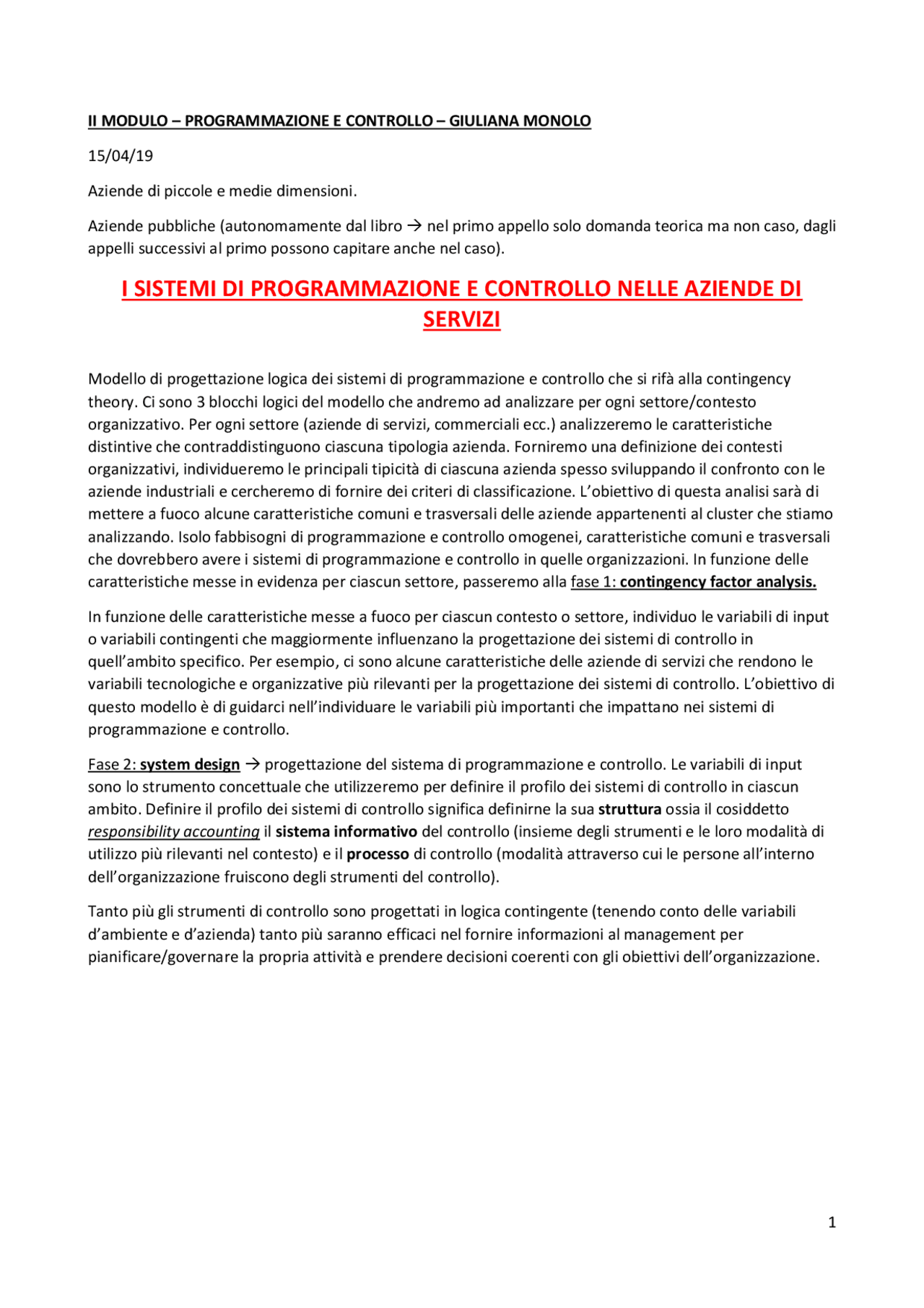 Programmazione e controllo progredito Unicatt- II modulo Prof. Monolo - Docsity