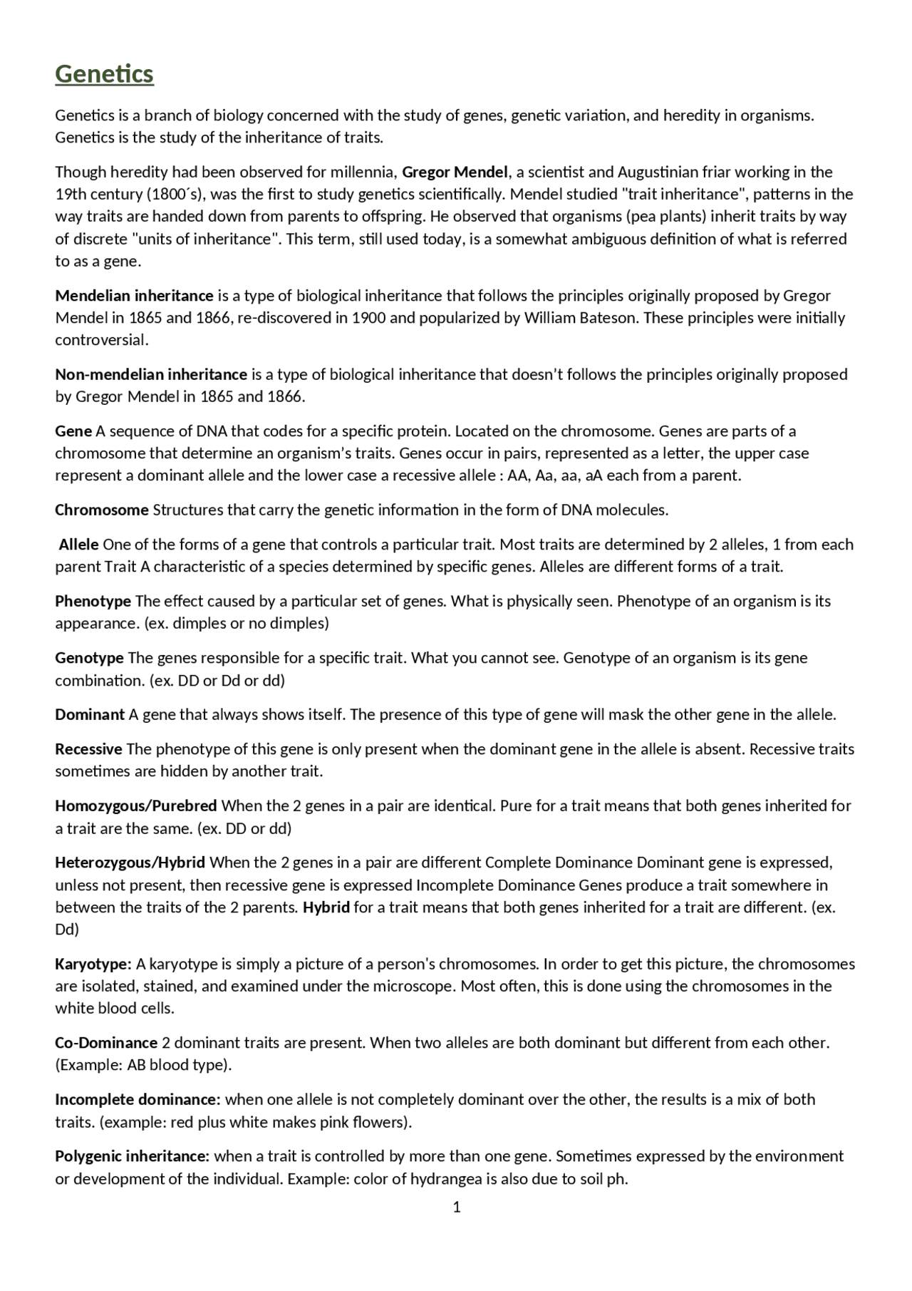 Genetics overview quick guide - Docsity
