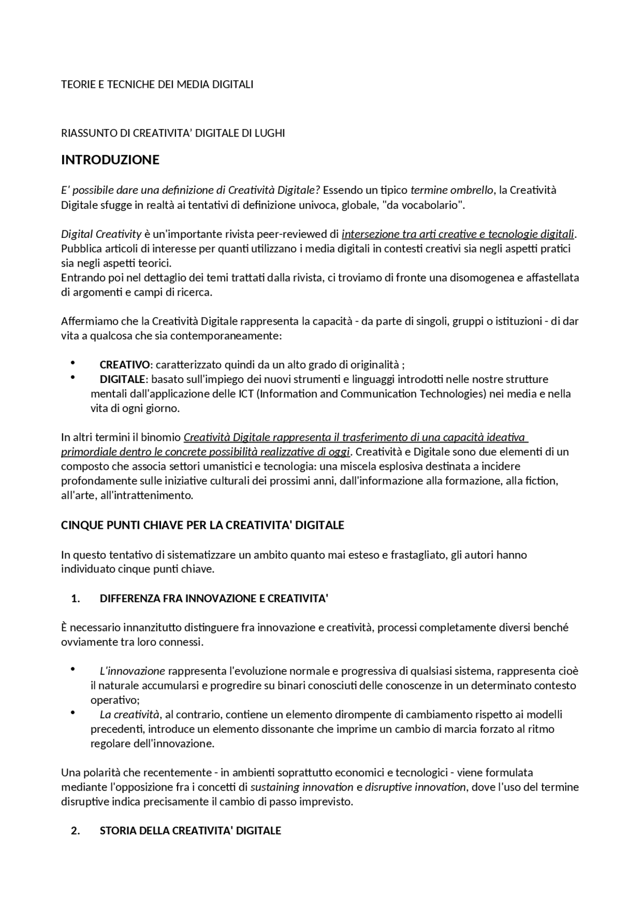 Riassunto Di Creativita Digitale Di Lughi Docsity