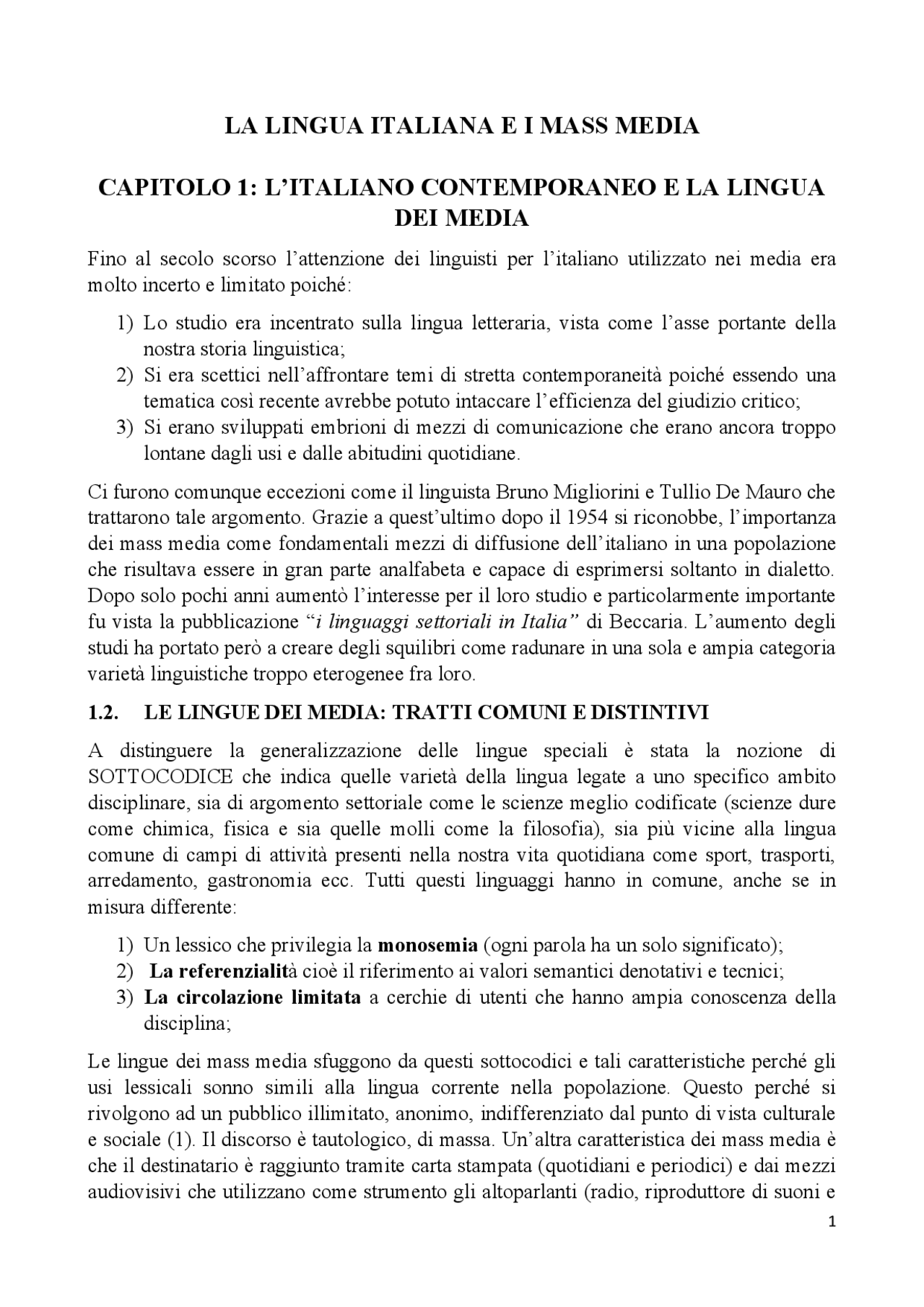 La lingua italiana e i mass media - Docsity