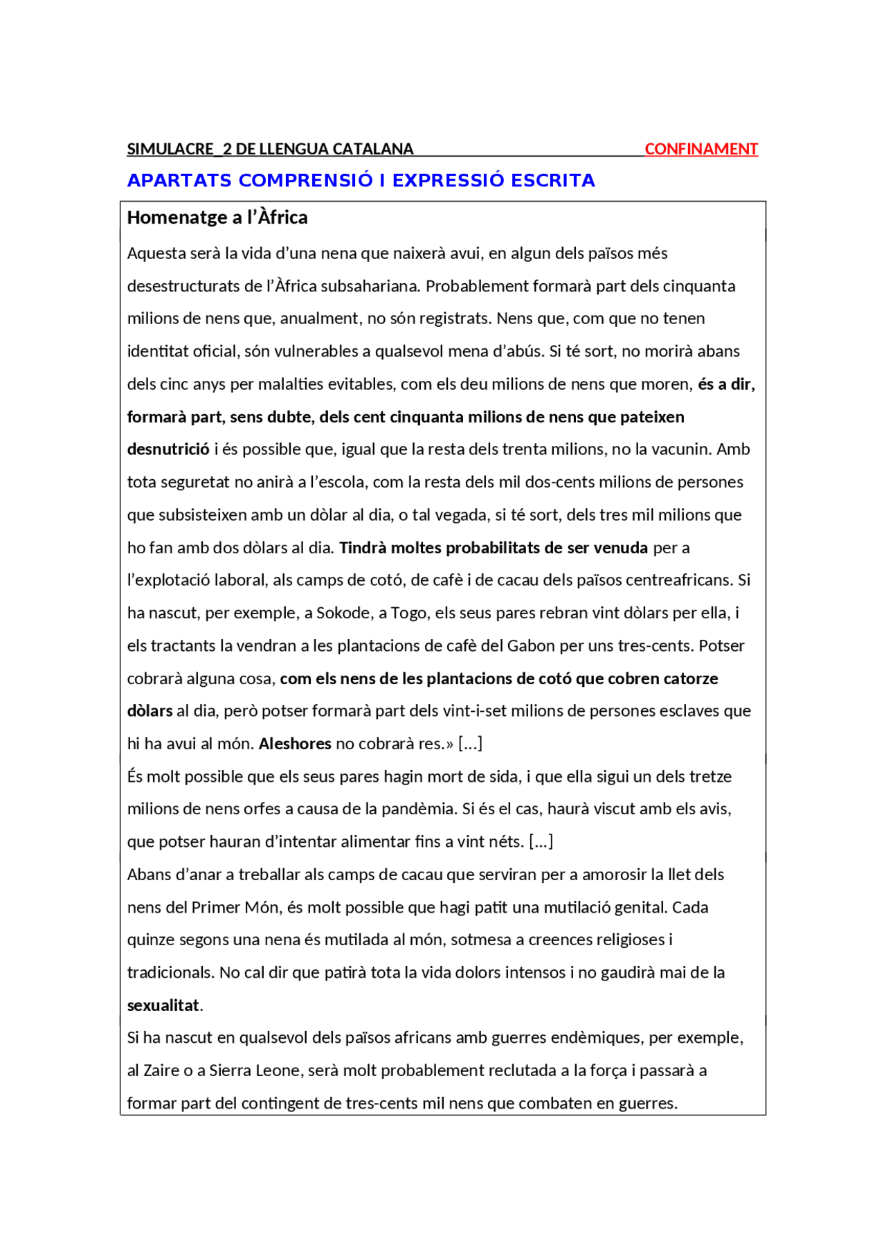 Examen Llengua Catalana Docsity