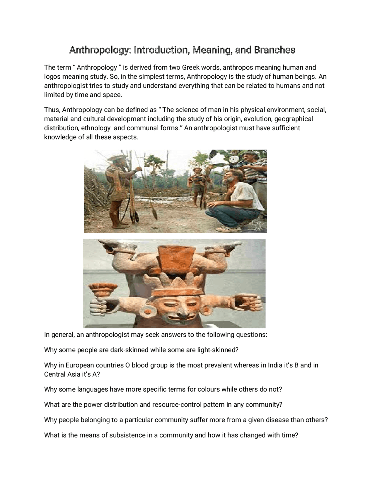 Introduction To Anthropology Docsity