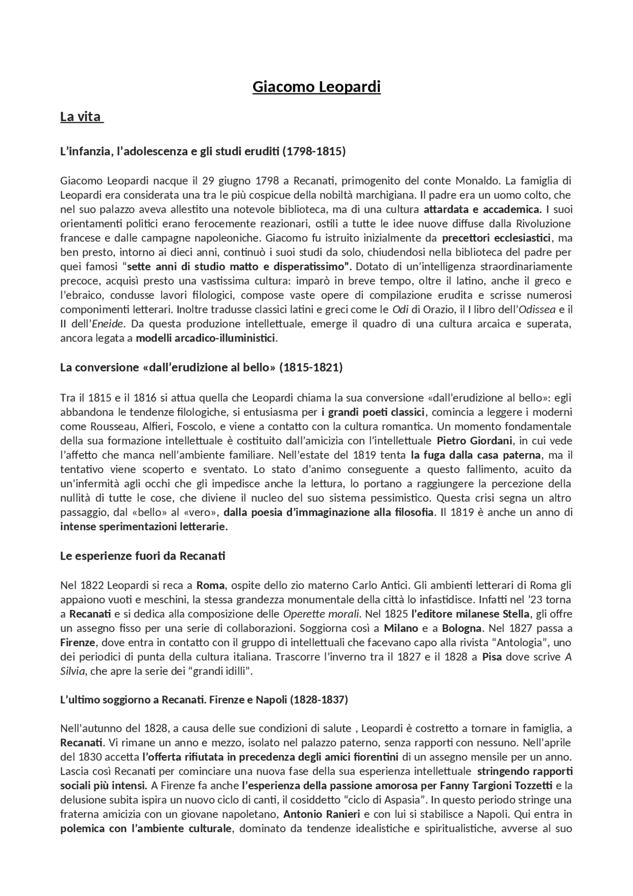 VITA E OPERE GIACOMO LEOPARDI - Docsity