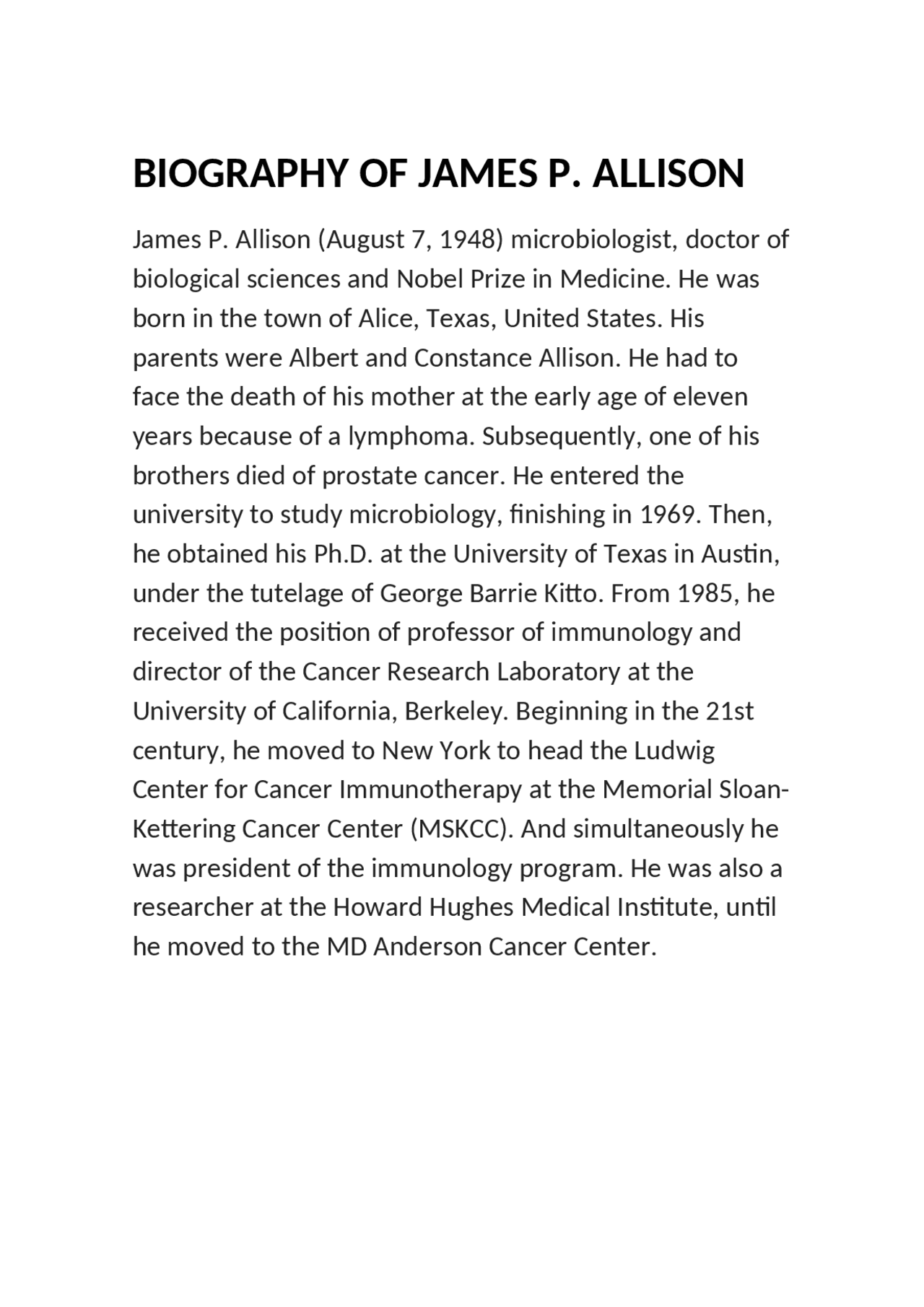 Vida de James. P Allison - Docsity