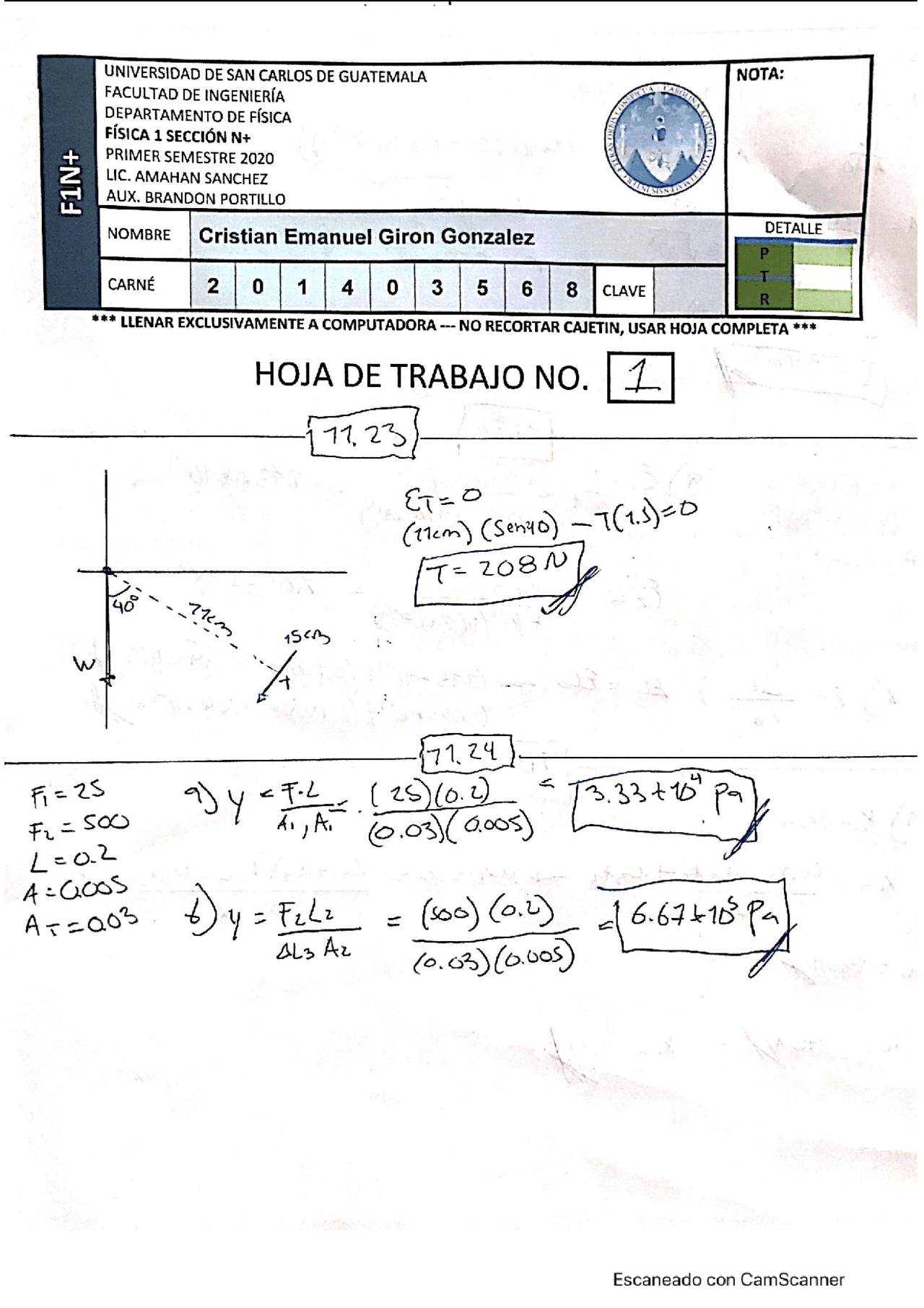 hoja de trabajo fisica 1 | Ejercicios de Física | Docsity