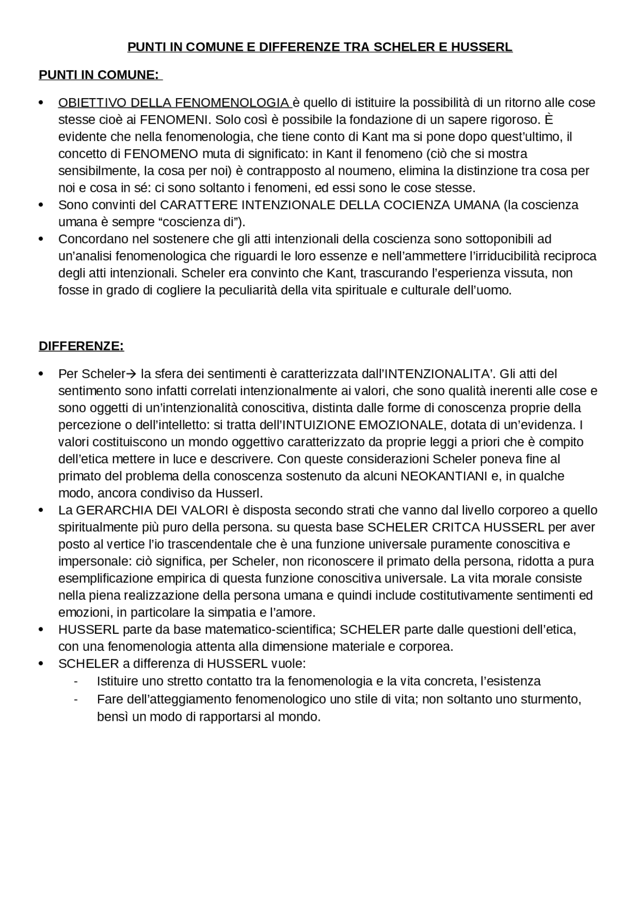 DIFFERENZE TRA HUSSERL E SCHELER - Docsity