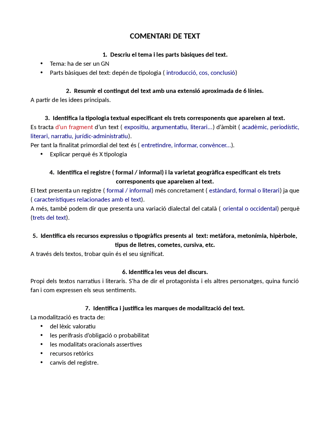 Comentari de text valencià | Apuntes de Valenciano | Docsity