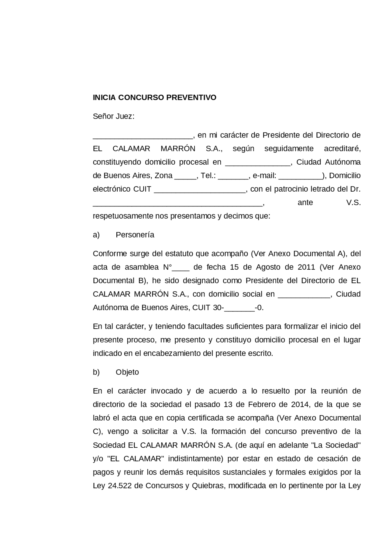 Modelo de escrito de concurso preventivo - Docsity