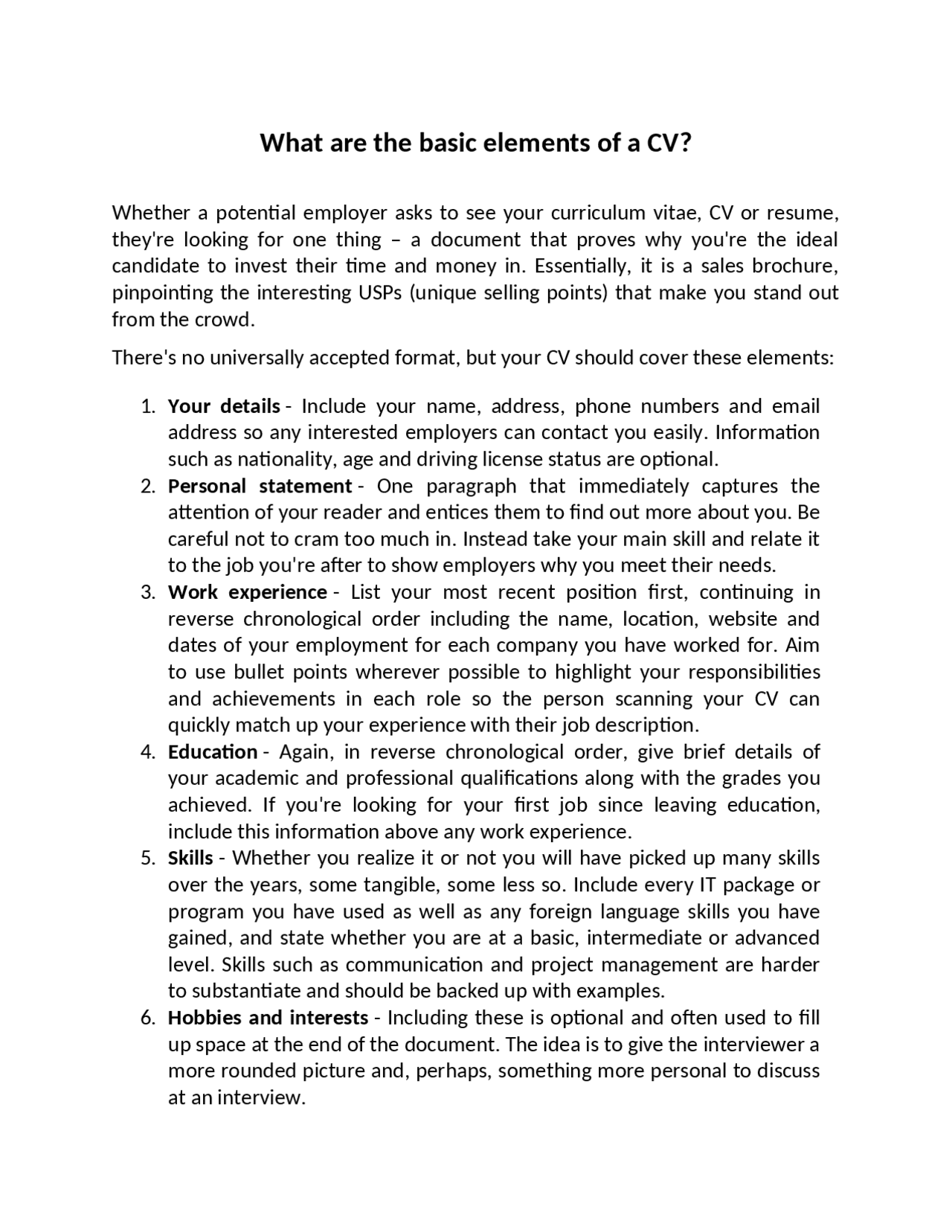 What are the basic elements of the CV ? - Docsity