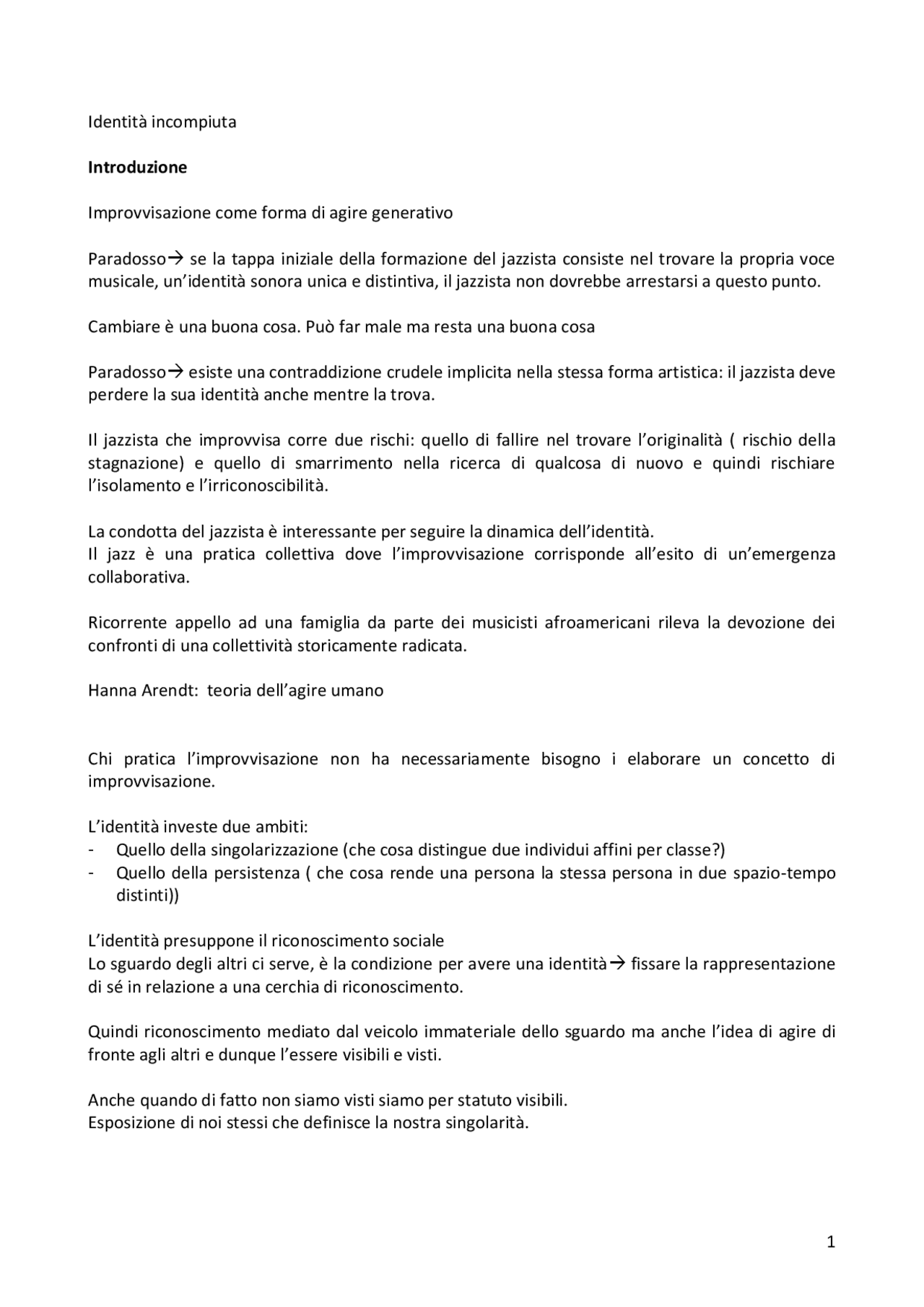 Riassunto Identità Incompiuta Sparti Docsity