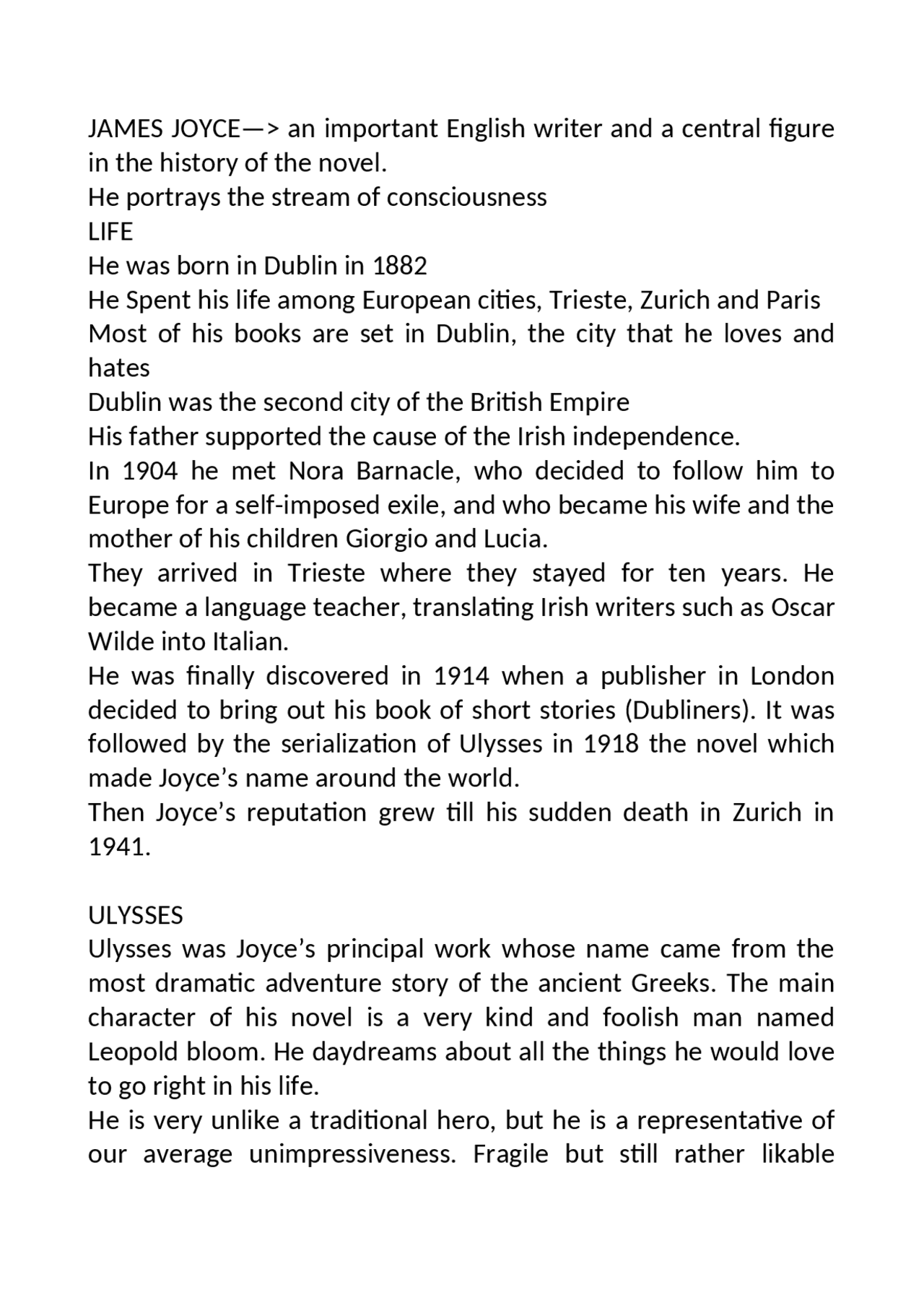 JAMES JOYCE literature - Docsity