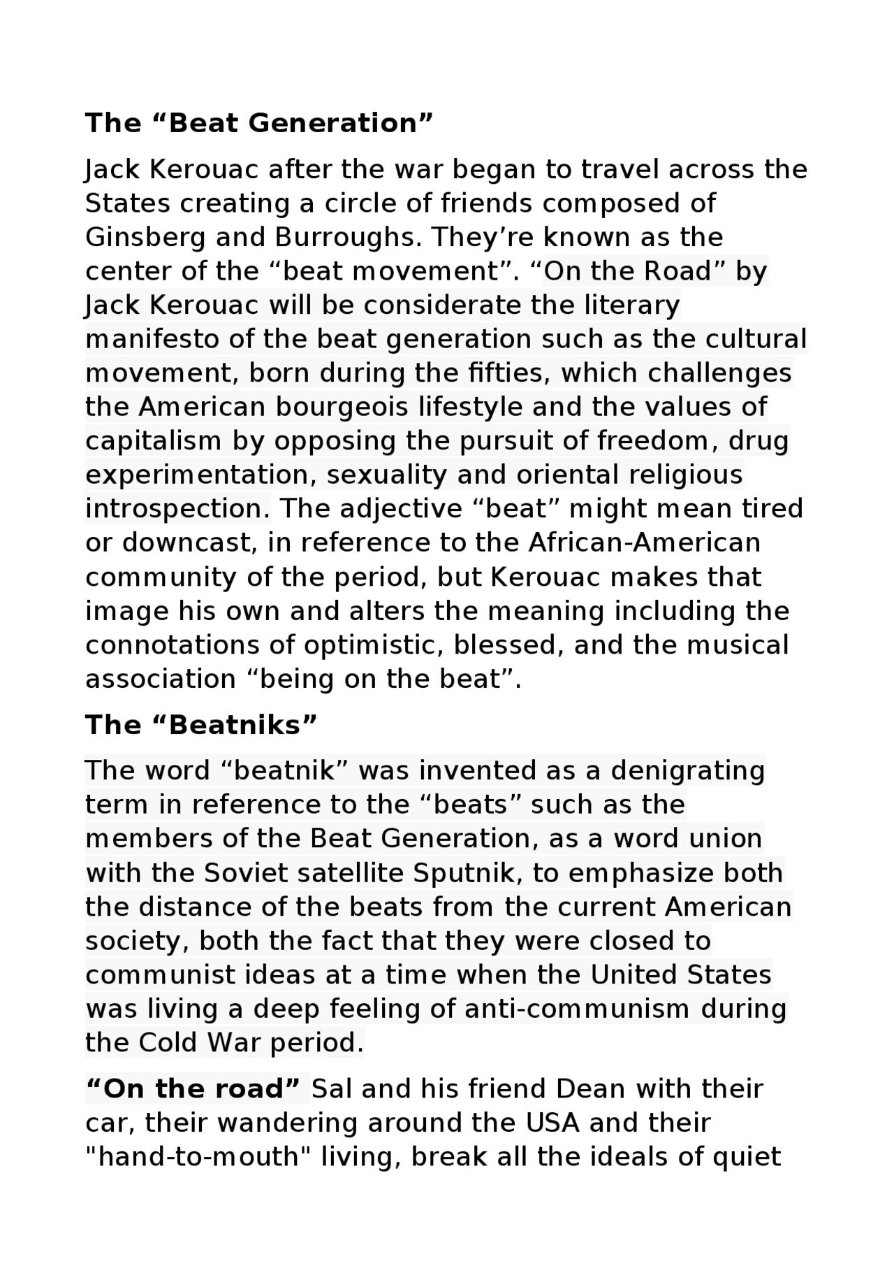 Beat Generation, Jack Kerouac, On the road and beatniks - Docsity