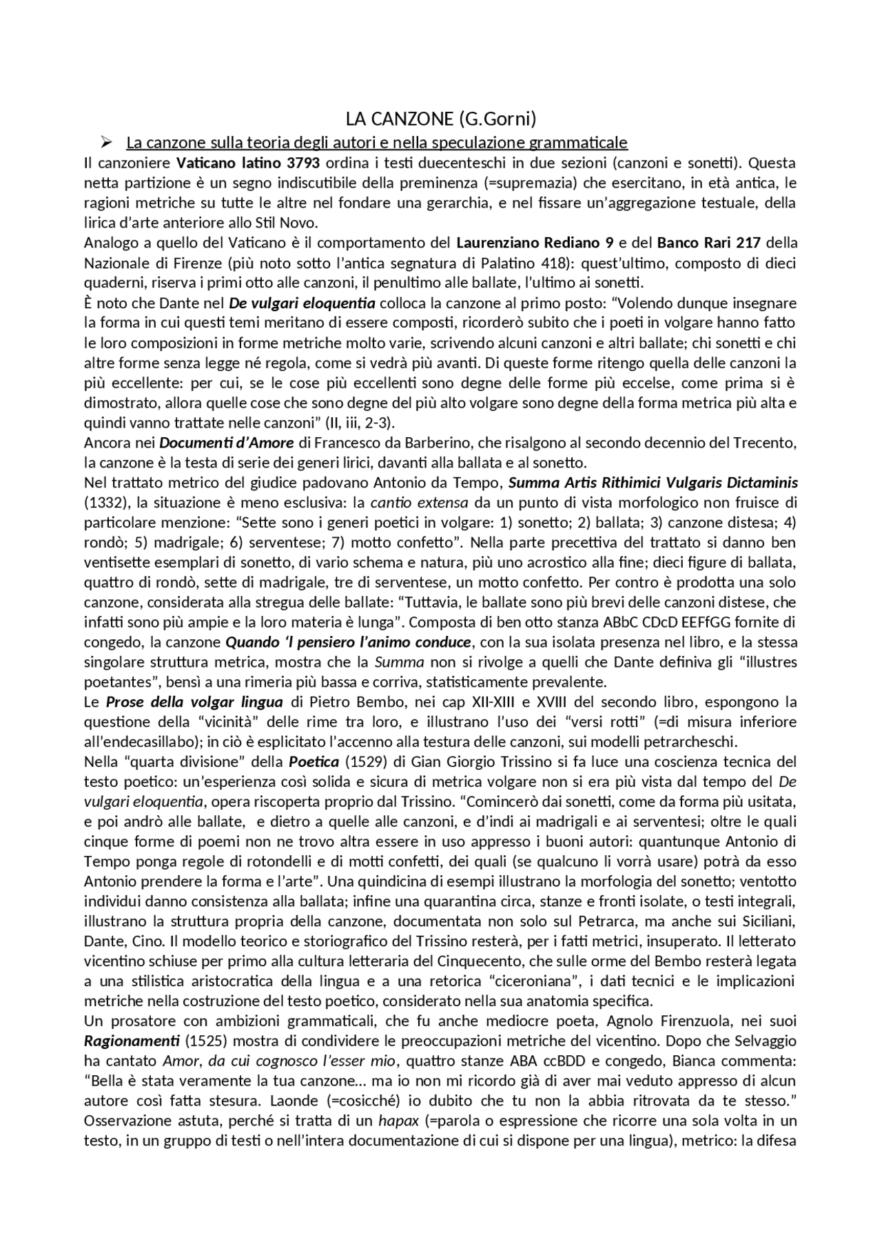 Riassunto La Canzone Gorni Docsity