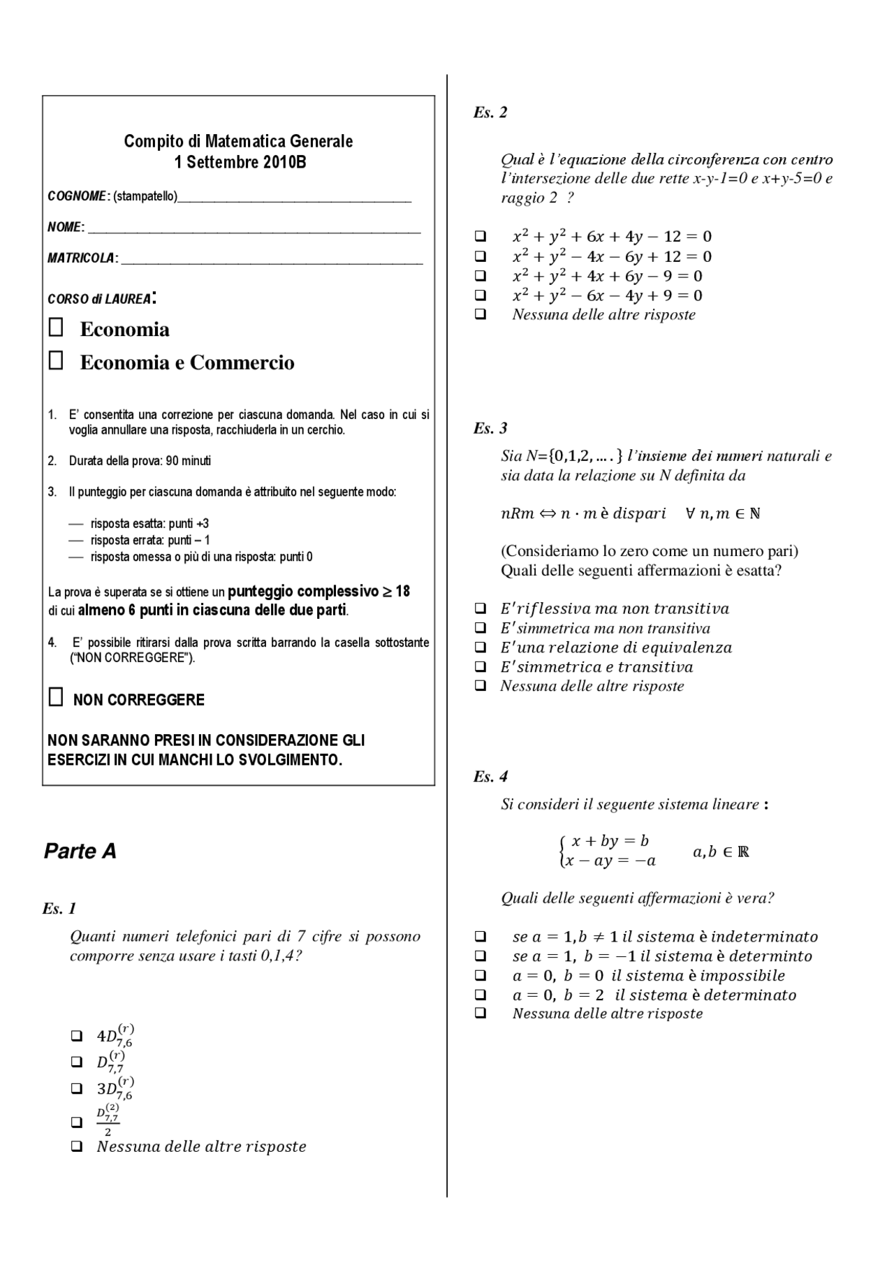 Compito Di Matematica Generale Del 1 Settembre 2010 Docsity