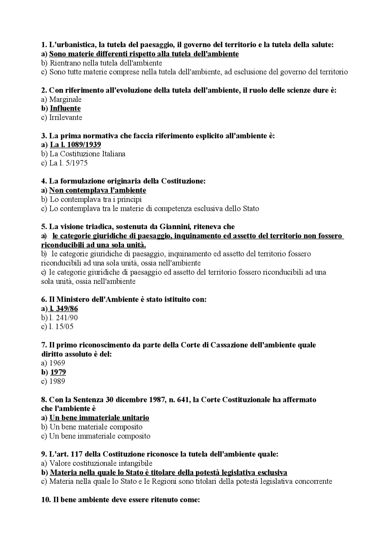 Quiz Svolti Parte 1 Diritto Dellambiente Unicusano Docsity