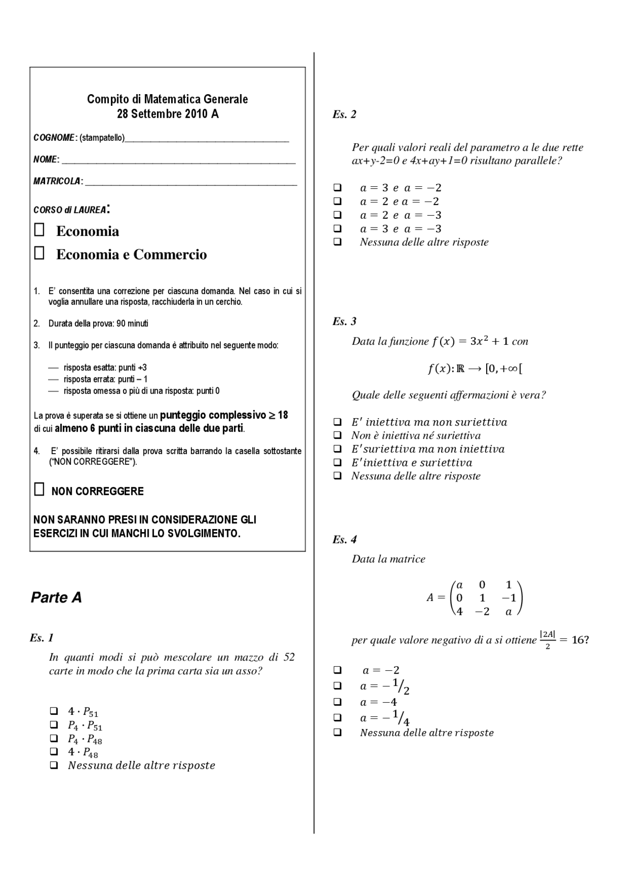 Compito Di Matematica Generale Del 28 Settembre 2010 Prove Desame Di