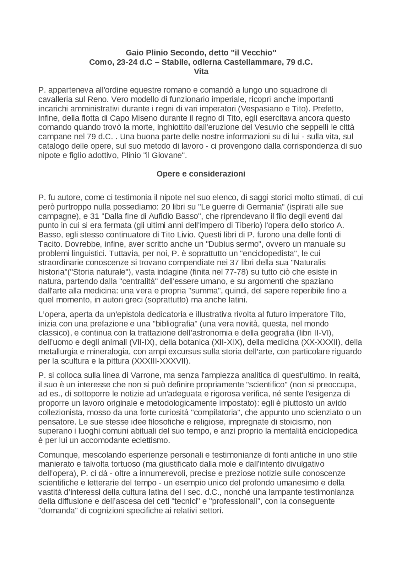 Sintesi Di Vita E Opere Di Plinio Il Vecchio Docsity