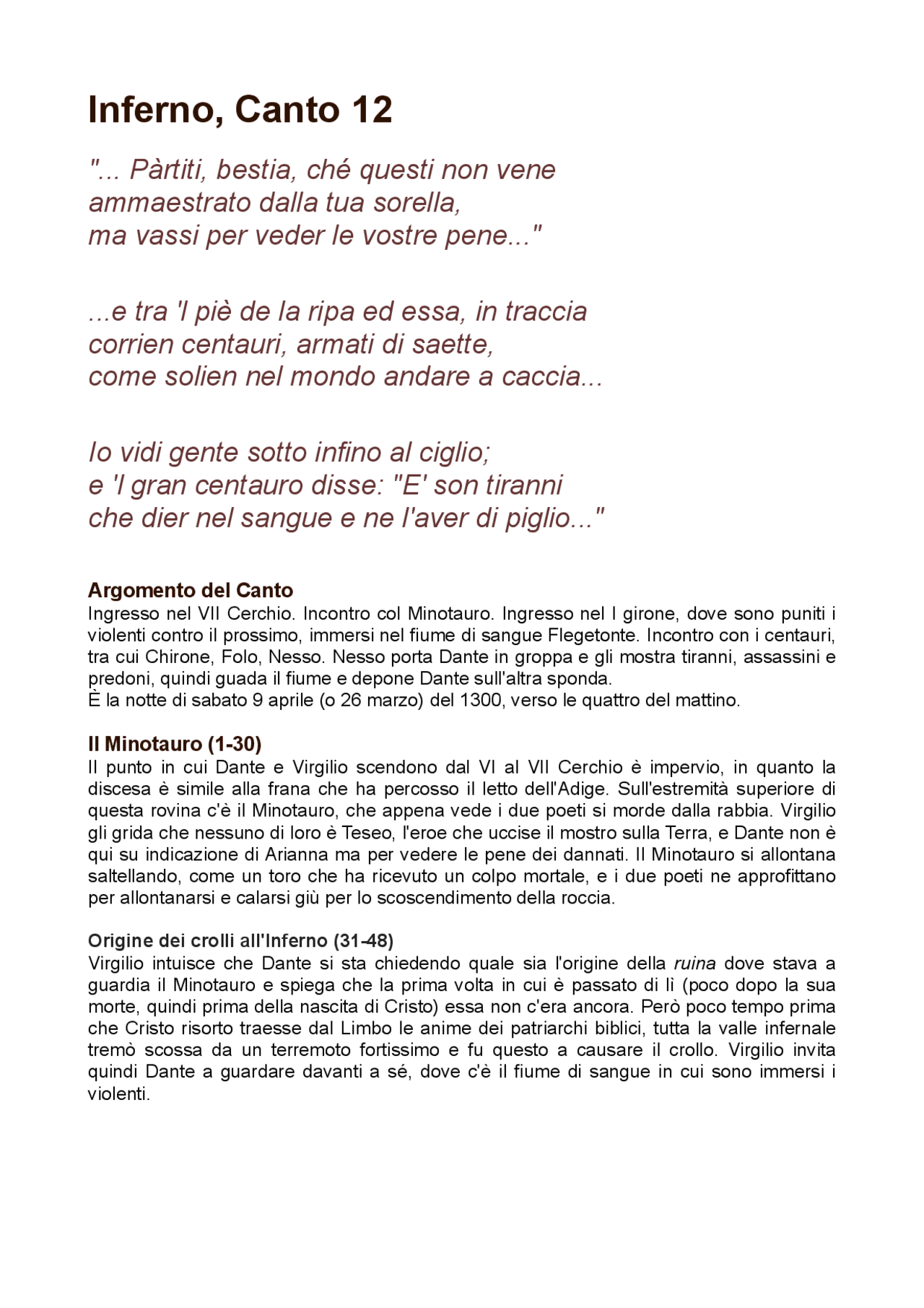 Inferno, Canto 12 Divina Commedia - Docsity